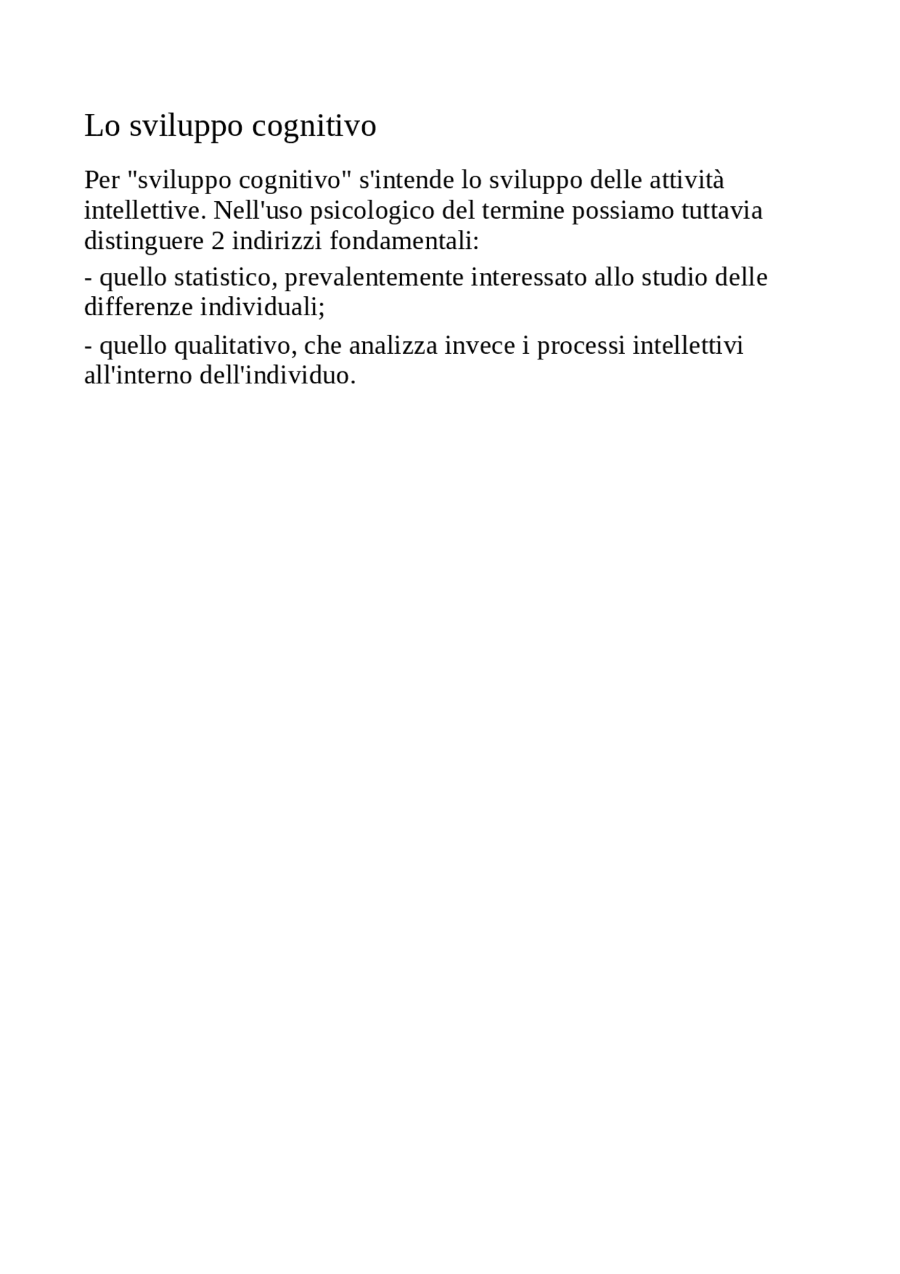 Lo Sviluppo Cognitivo Docsity