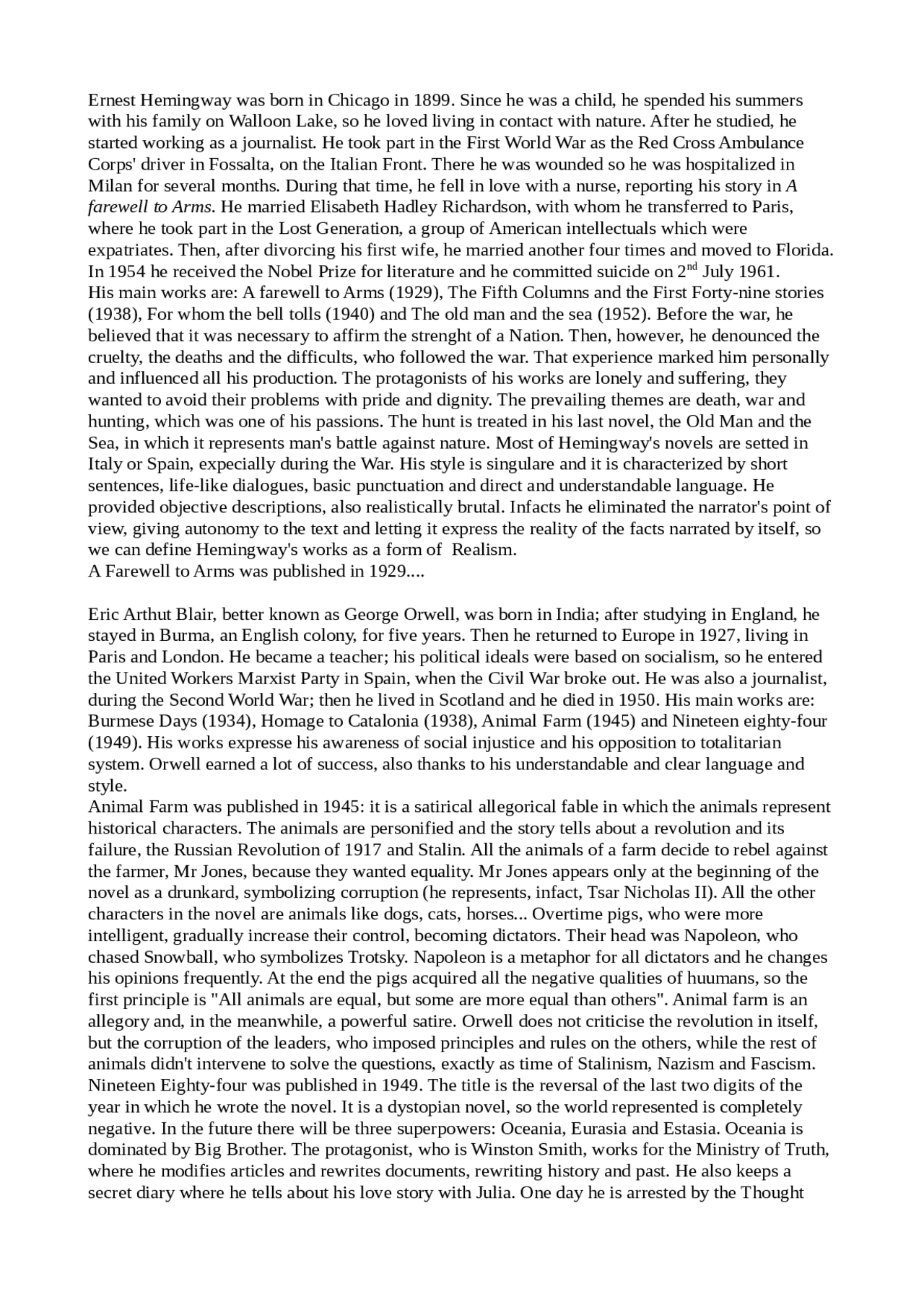 Ernest Hemingway e George Orwell - Docsity