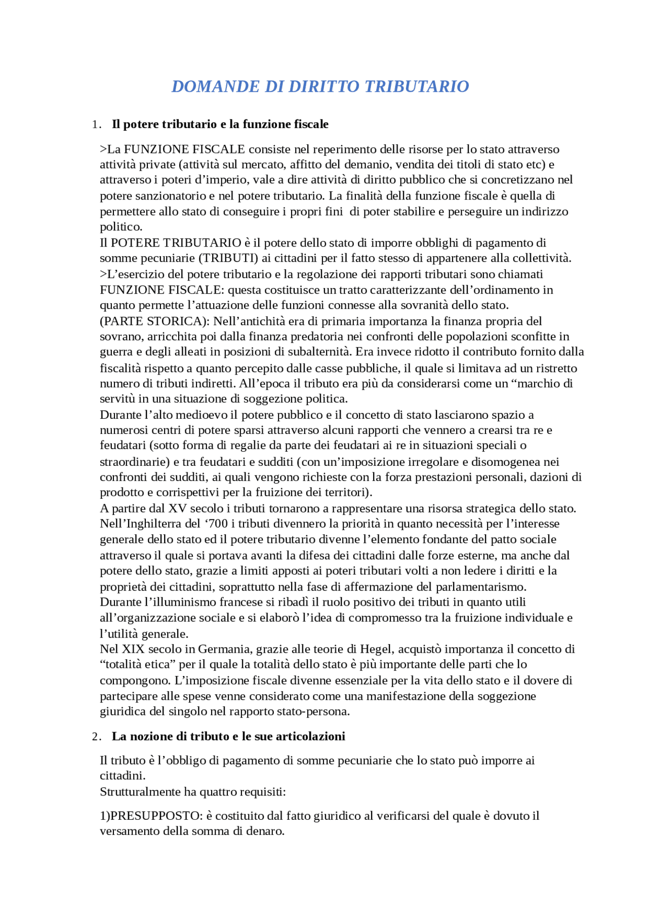 Argomenti Esame di Diritto Tributario - Docsity