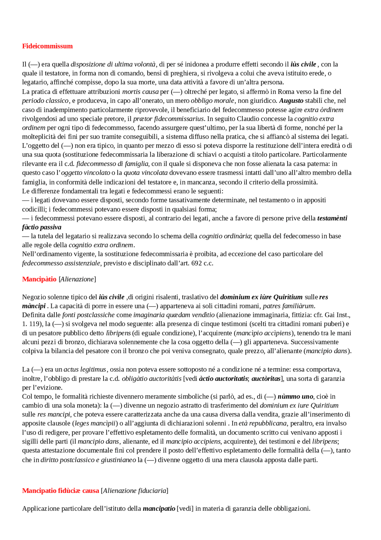 Riassunti Fideicommìssum Docsity