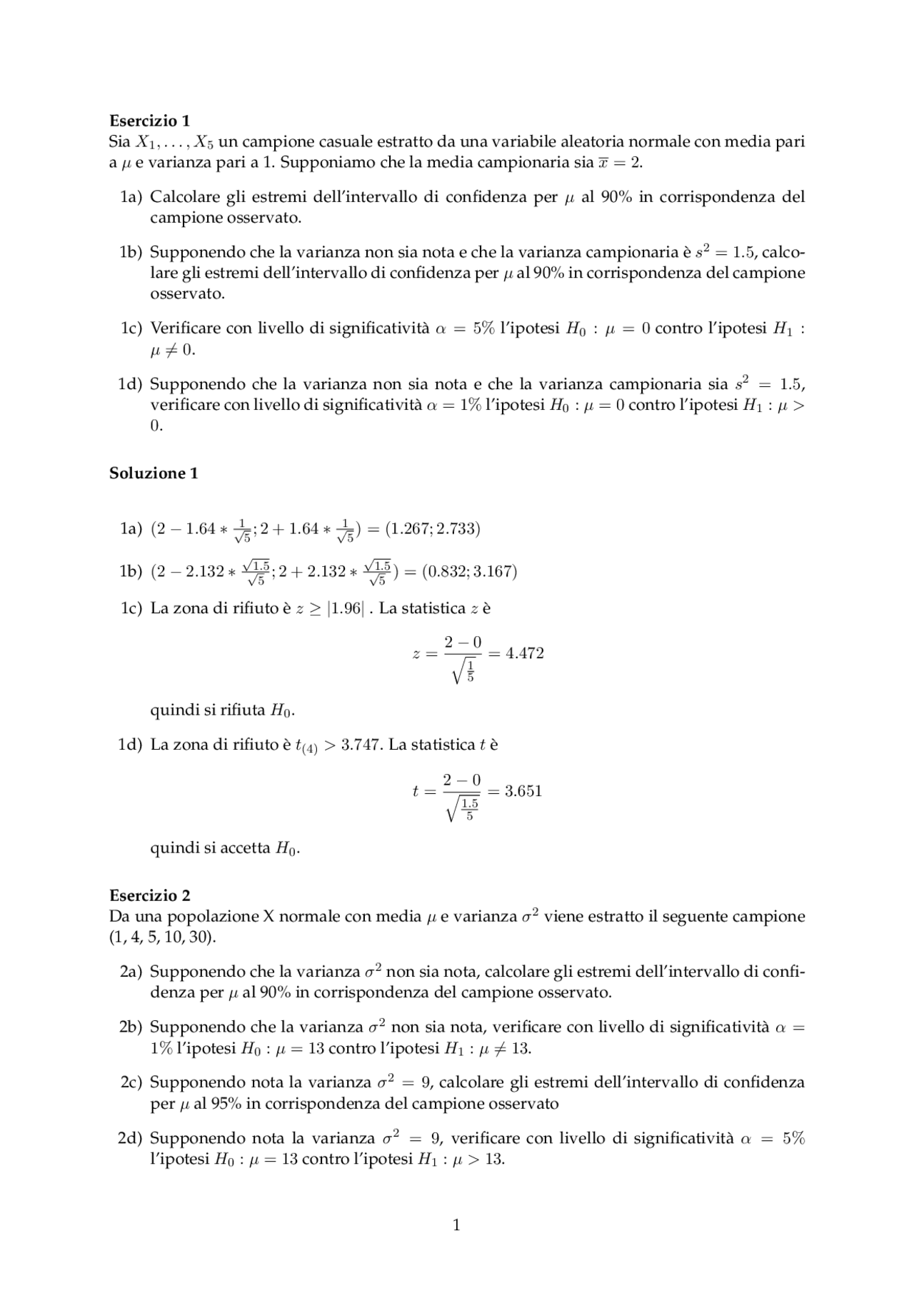 Esercizi Statistica Inferenziale Docsity