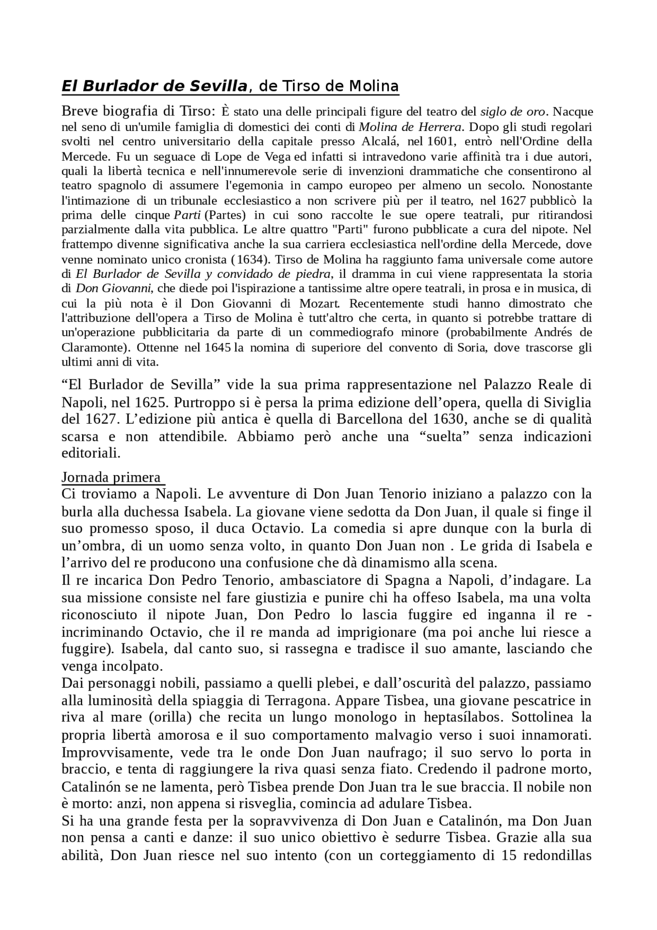 El Burlador de Sevilla - Tirso de Molina - Docsity