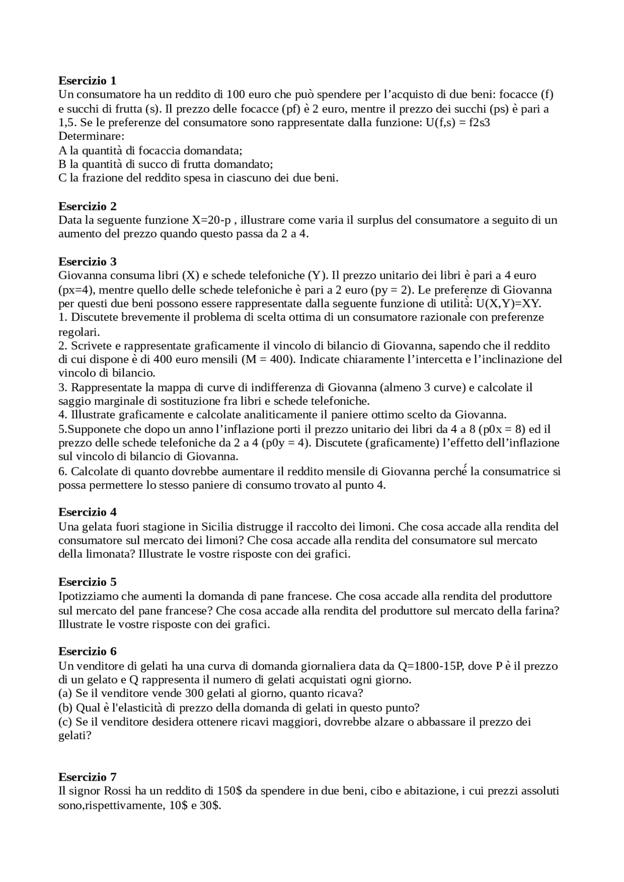 Esercitazione Microeconomia 20 Docsity