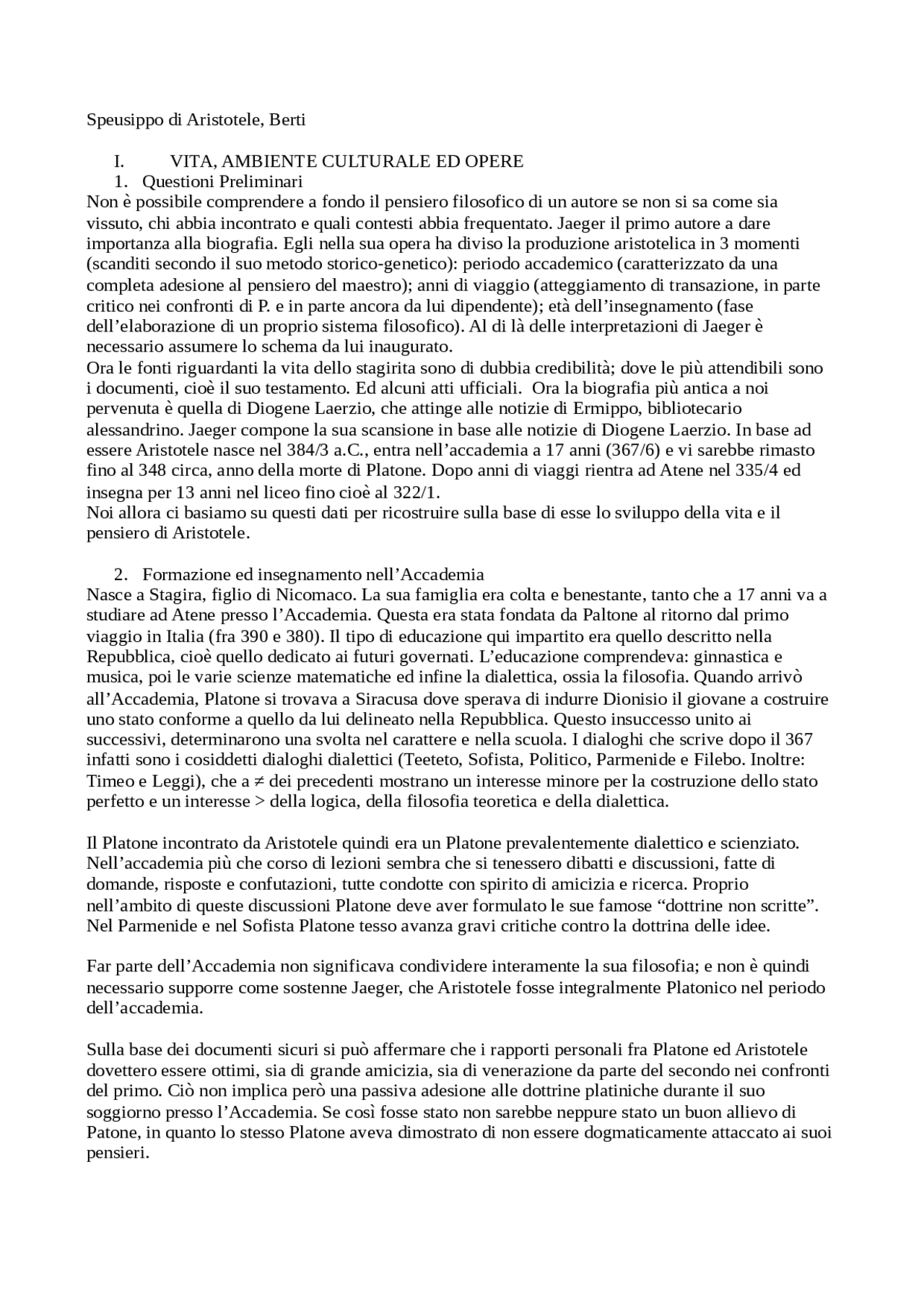 Profilo di Aristotele - Enrico Berti - Docsity