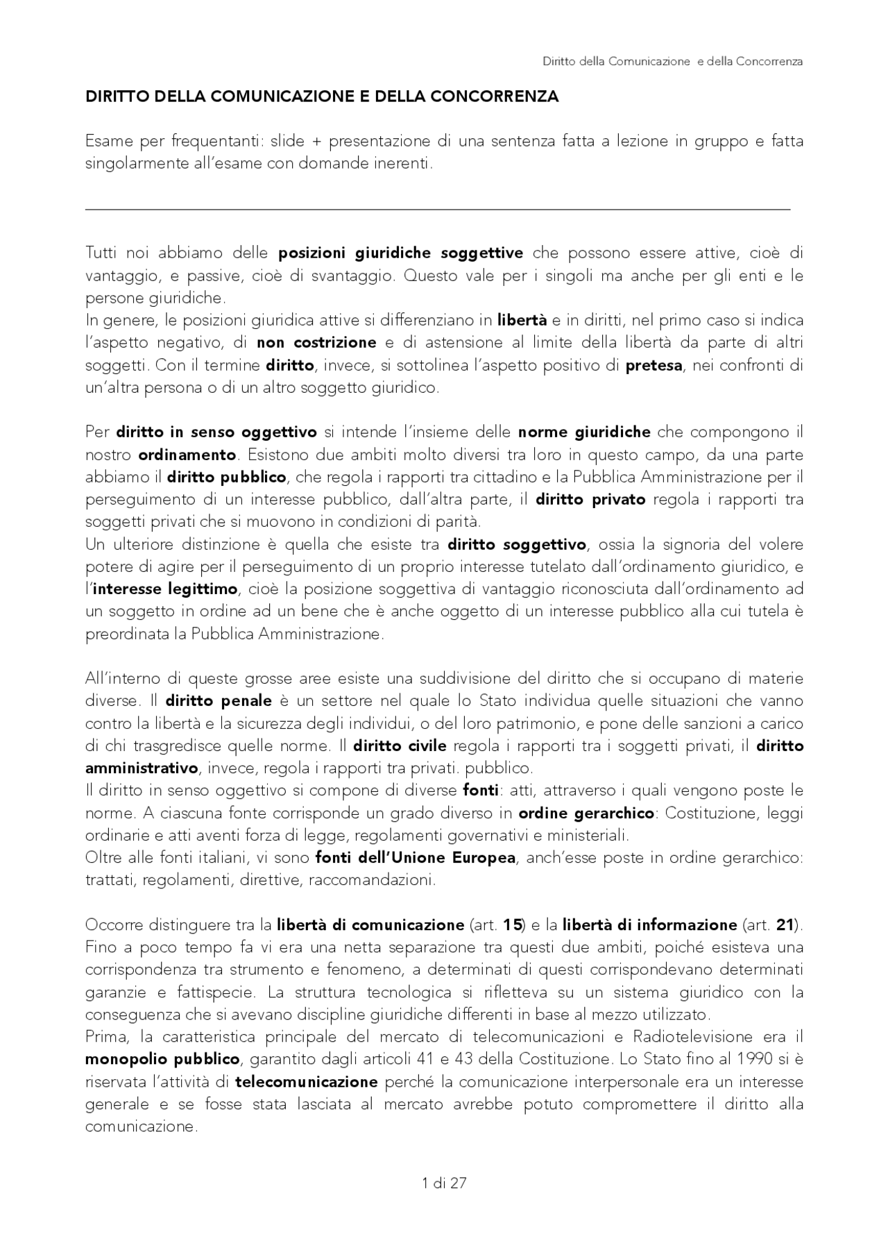 Appunti Diritto della Comunicazione e della Concorrenza - Docsity