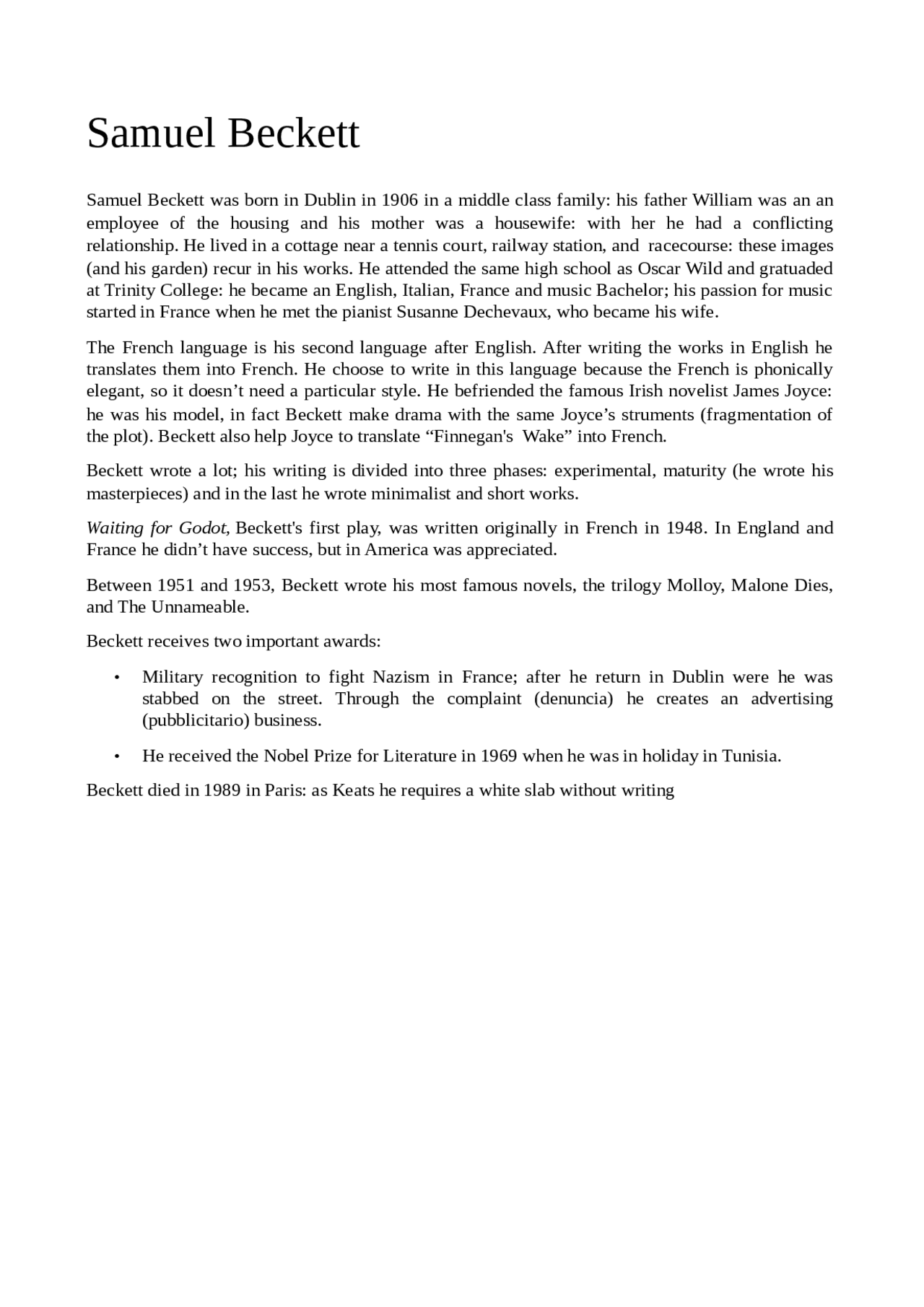 Samuel Beckett - Biografia - Docsity