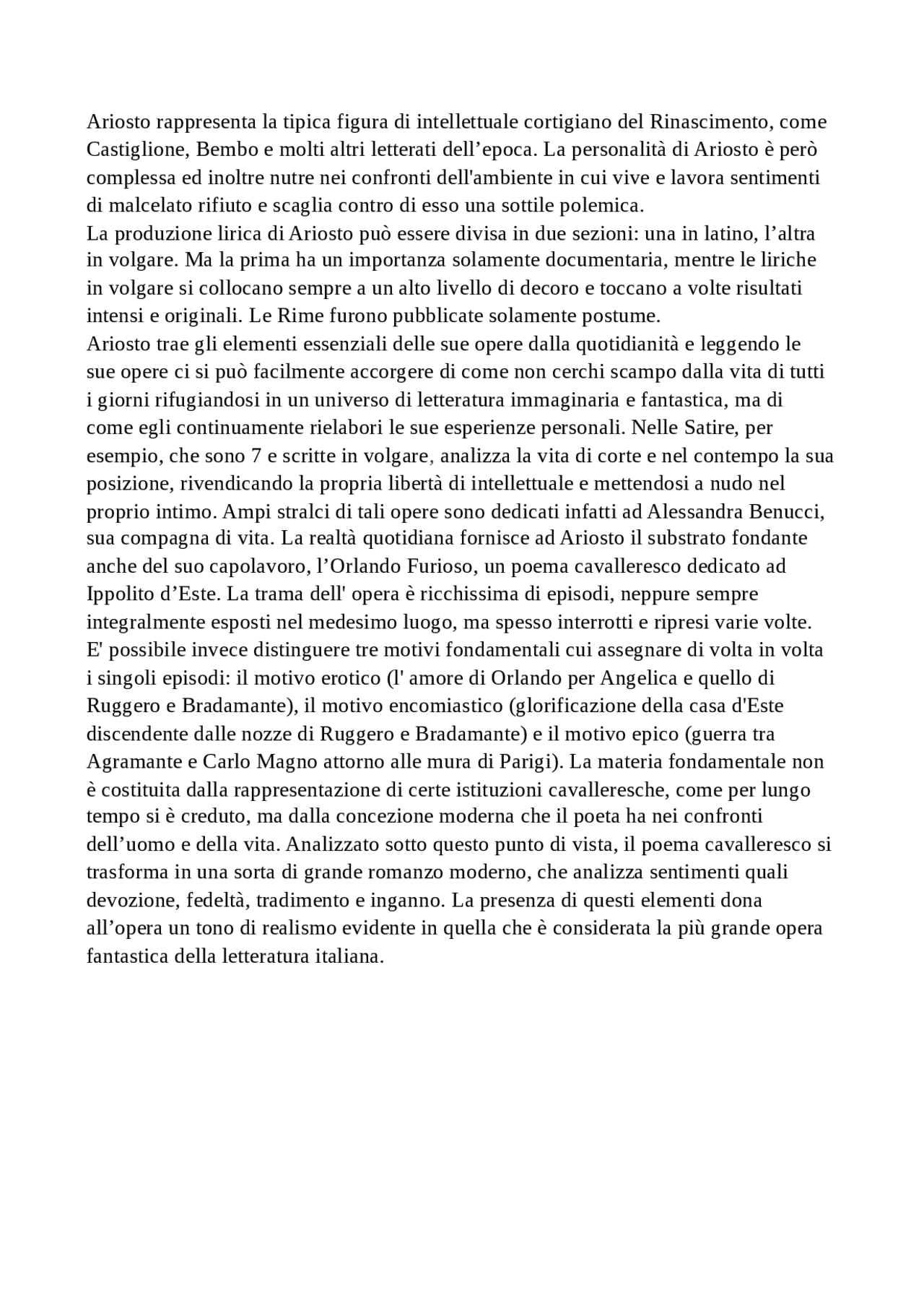 Ariosto Sintesi Letteratura Docsity