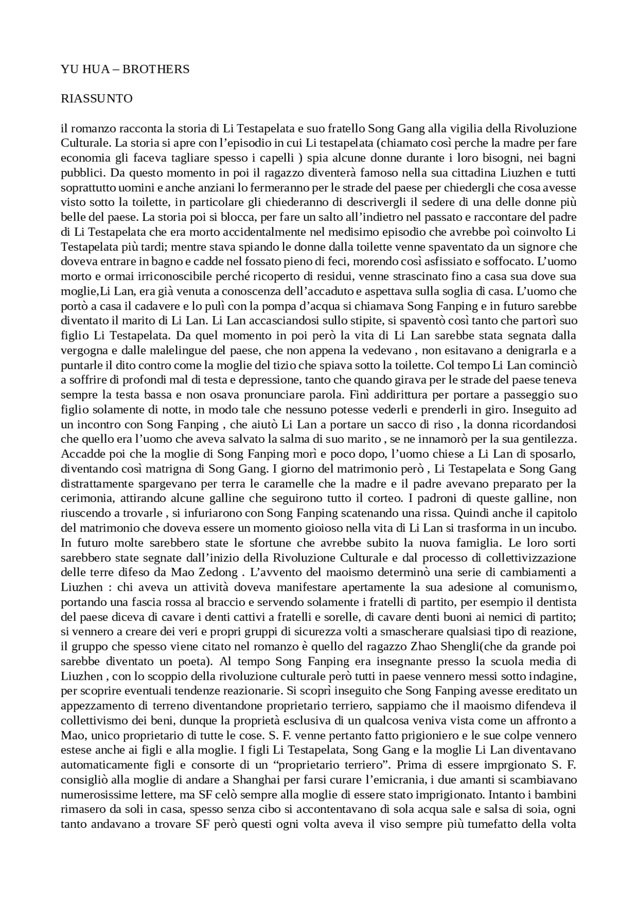 Riassunto Brothers Di Yu Hua Docsity