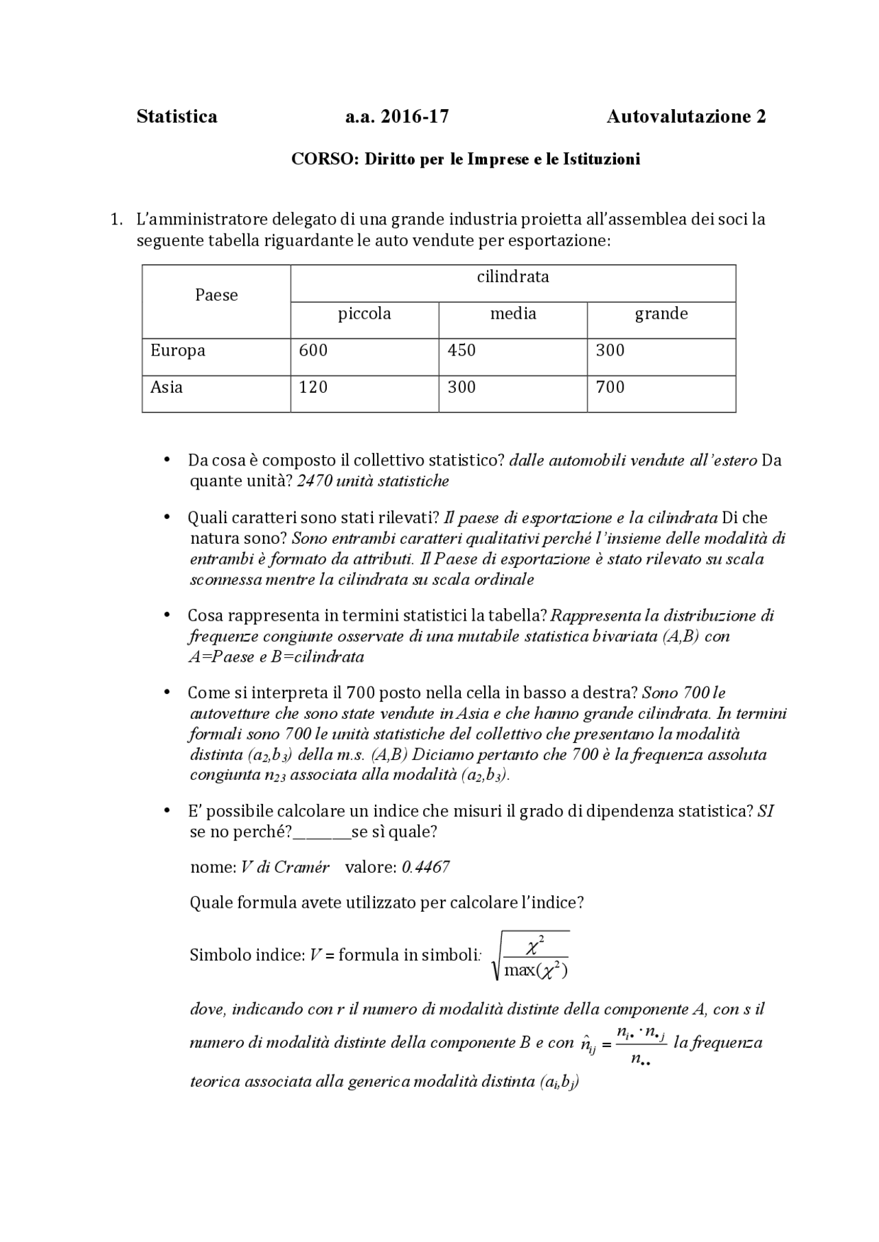 Esame statistica esempio | Esercizi di Statistica | Docsity