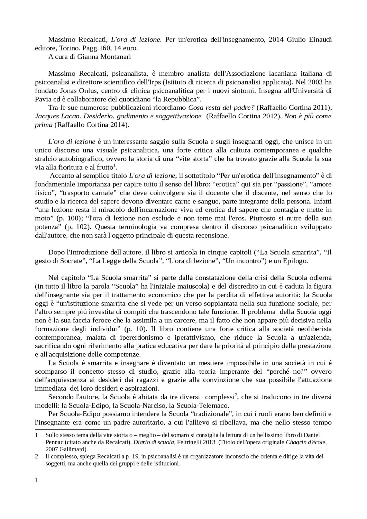 Recalcati Lora Di Lezione Docsity