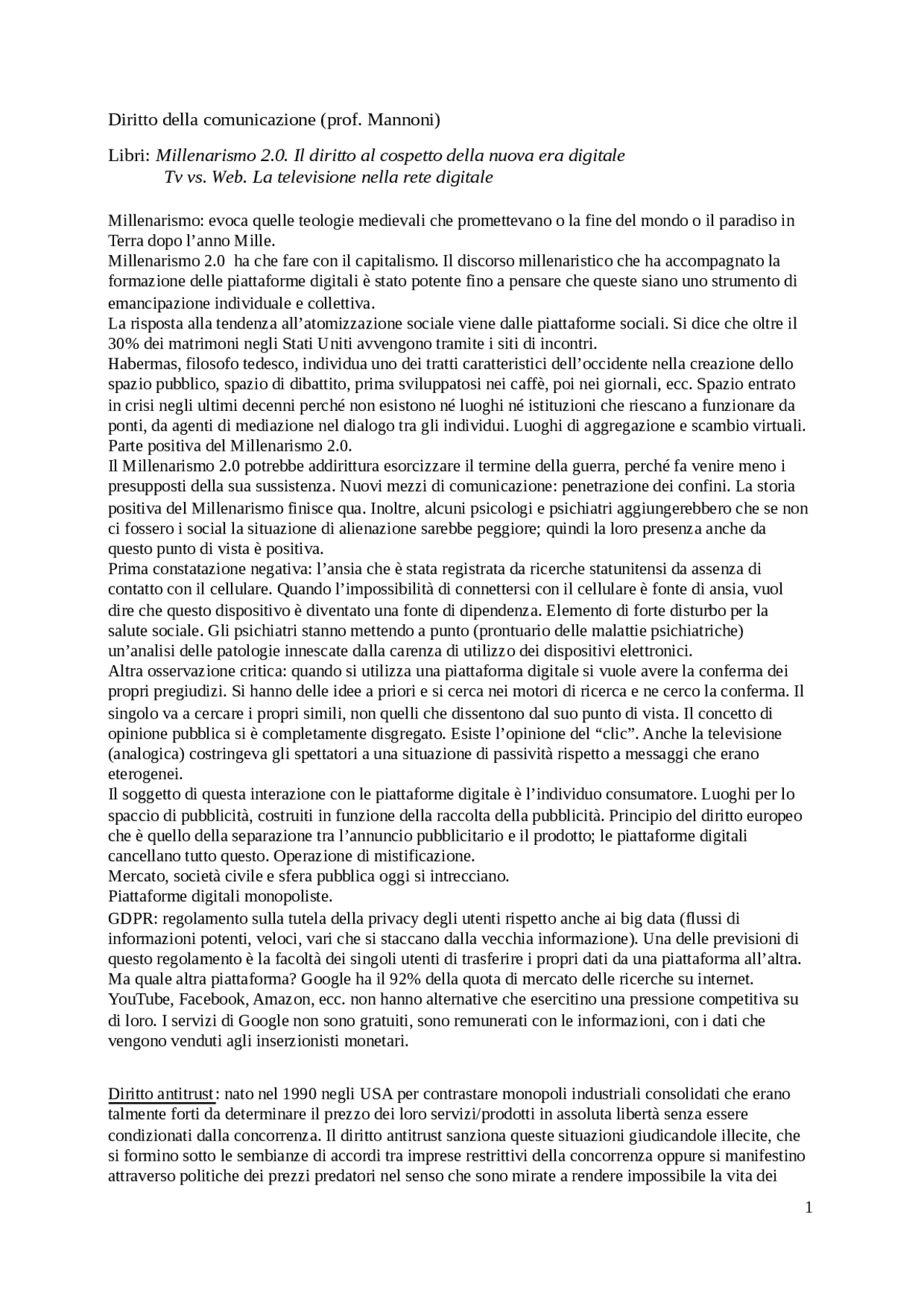 Appunti Lezioni Diritto Della Comunicazione Prof Mannoni Appunti Di