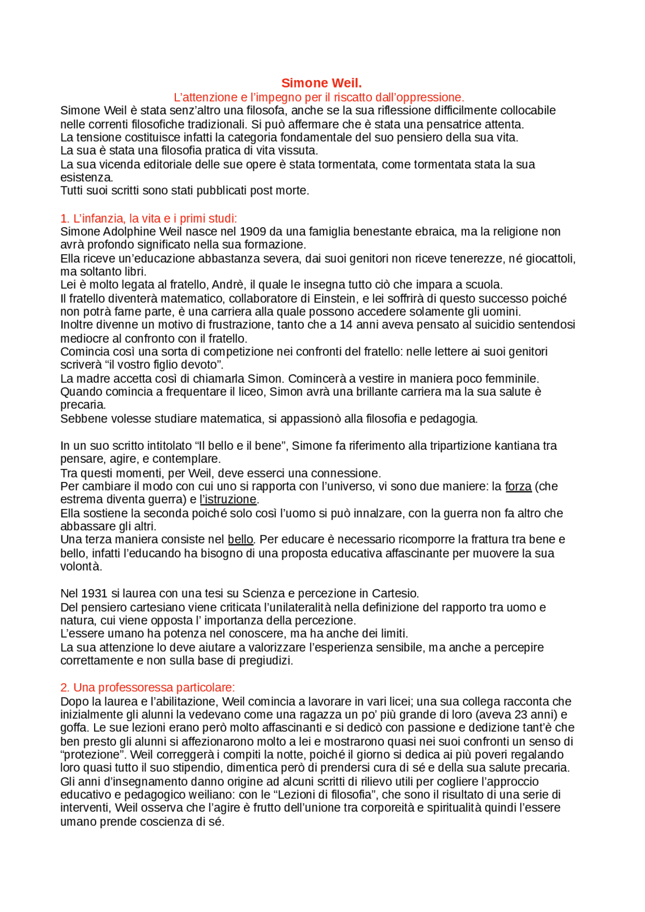 In Altra Luce Riassunto Dellautrice E Pedagogista Simone Weil Docsity
