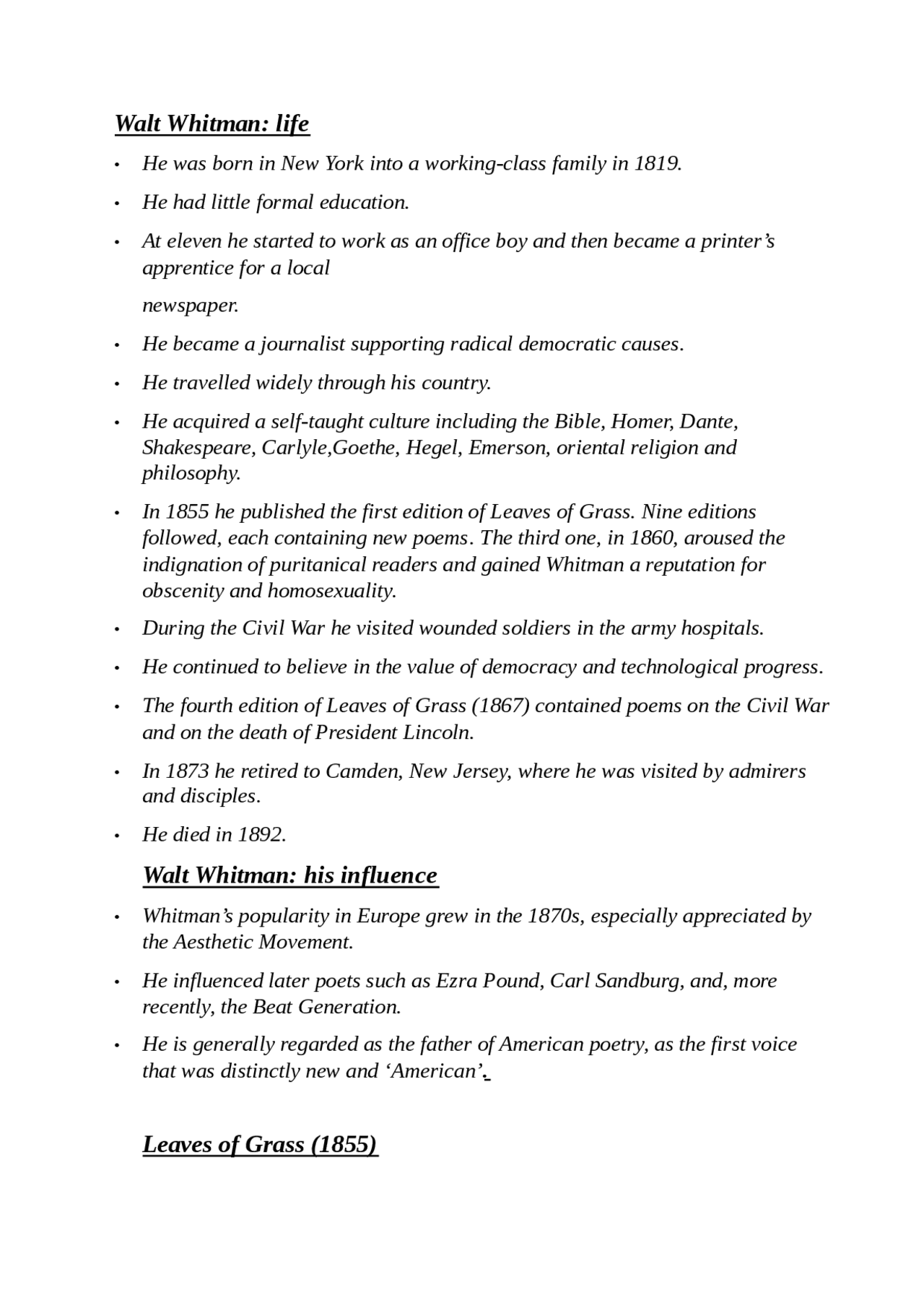 Walt Whitman Schema Riassuntivo Docsity