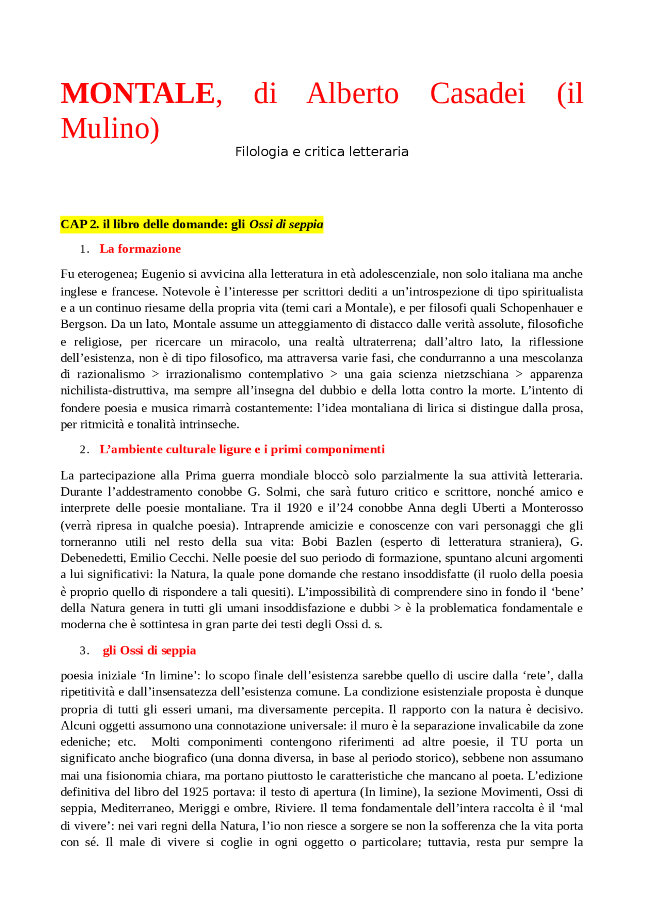 Libro Montale Di Casadei Riassunto Cap 2 Docsity