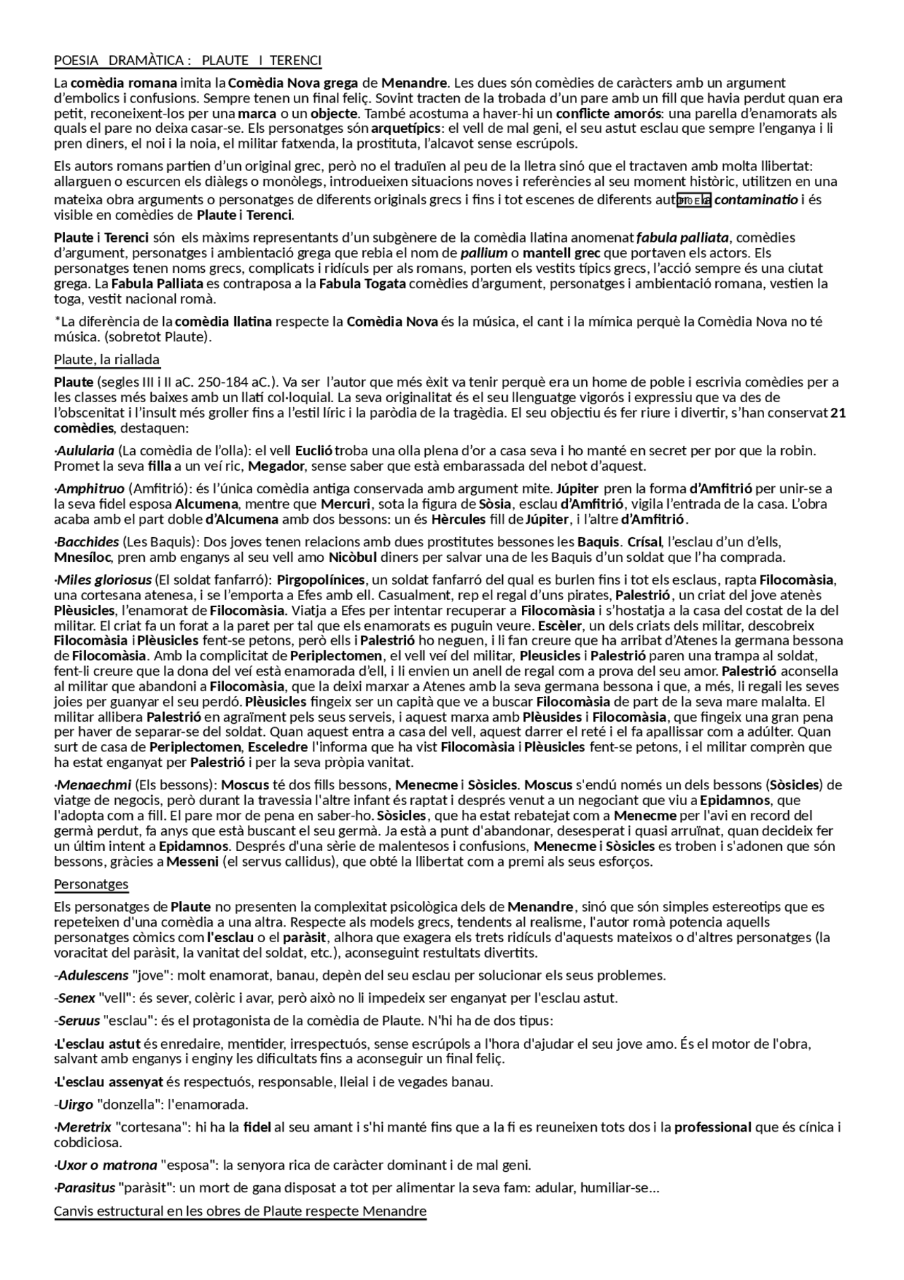 Poesia dramàtica: Plaute i Terenci - Docsity