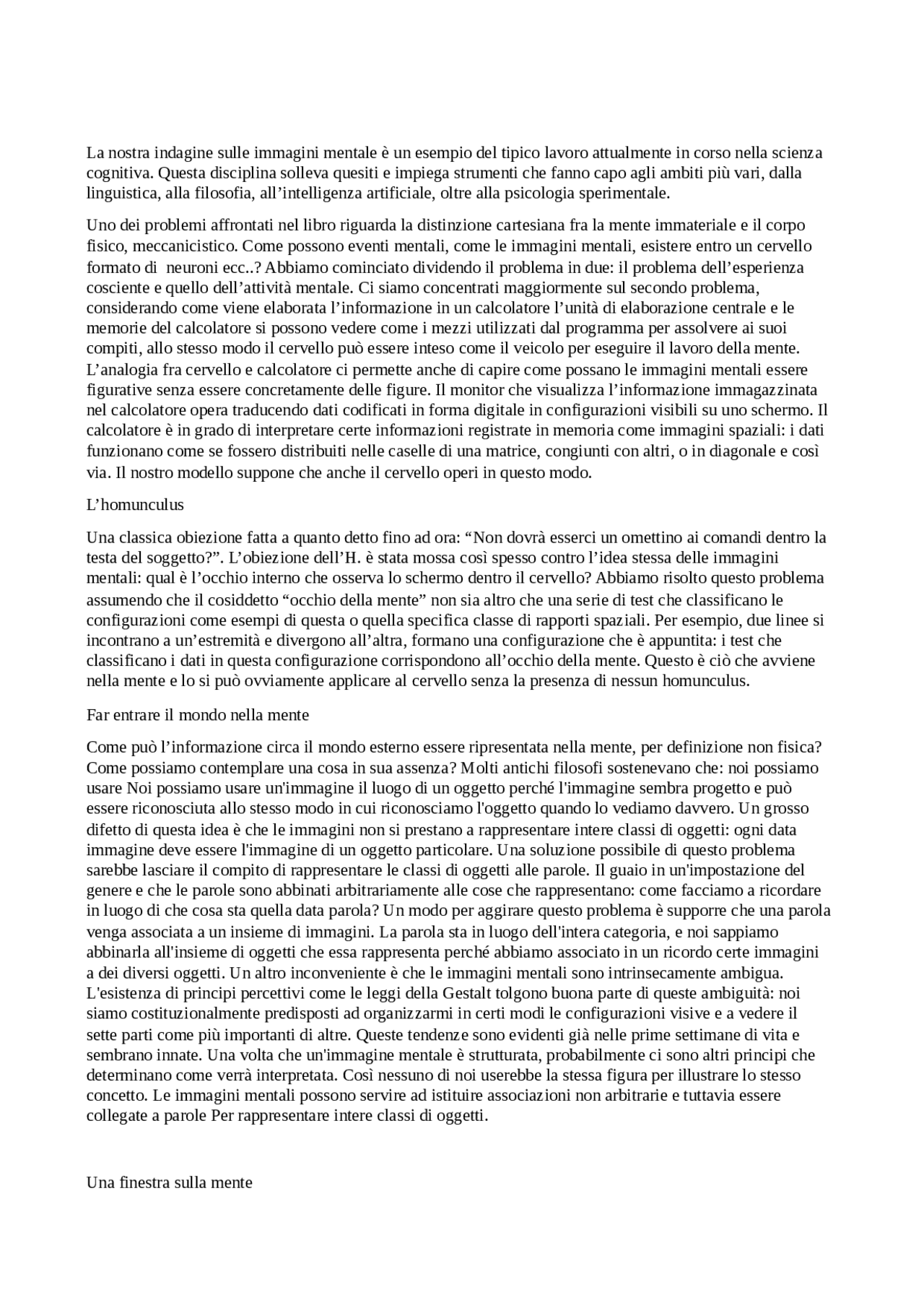 Schema Kosslyn "Immagini nella mente" - Docsity