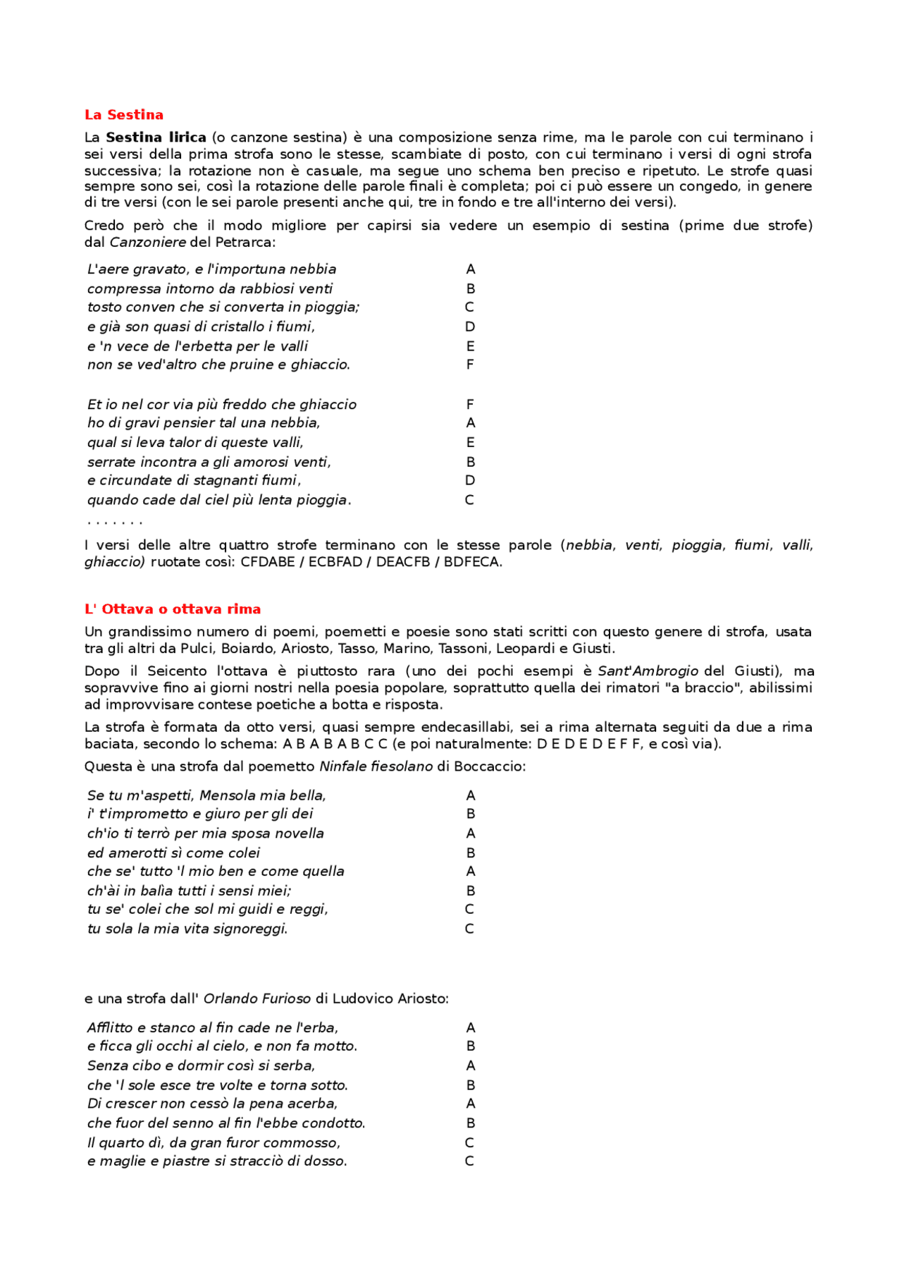 La Sestina, la Ballata, l'Ottava, la Canzone, il Madrigale, il Sonetto ...