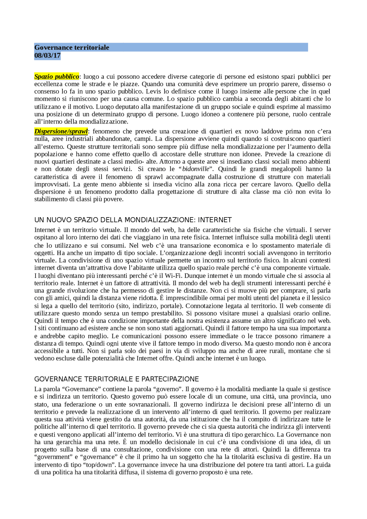Lezione Di Governance Territoriale Docsity