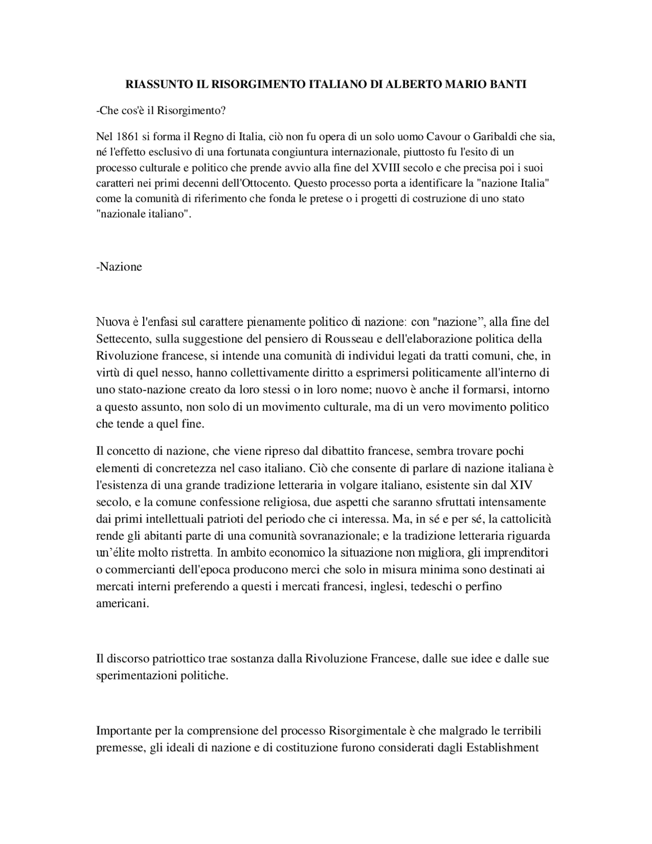 Riassunto "Il Risorgimento Italiano Alberto Mario Banti" | Appunti di Storia | Docsity