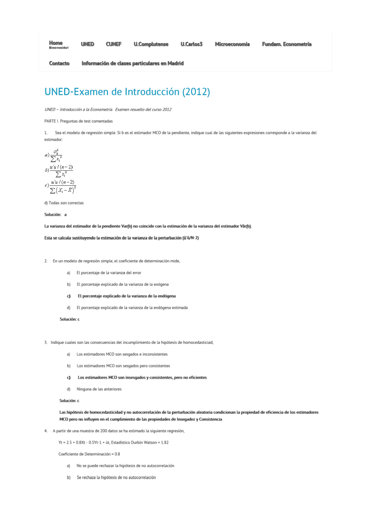 Examen resuelto Econometría UNED - Docsity