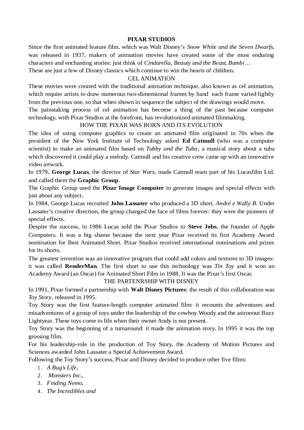The Evolution of Pixar Studios - Docsity