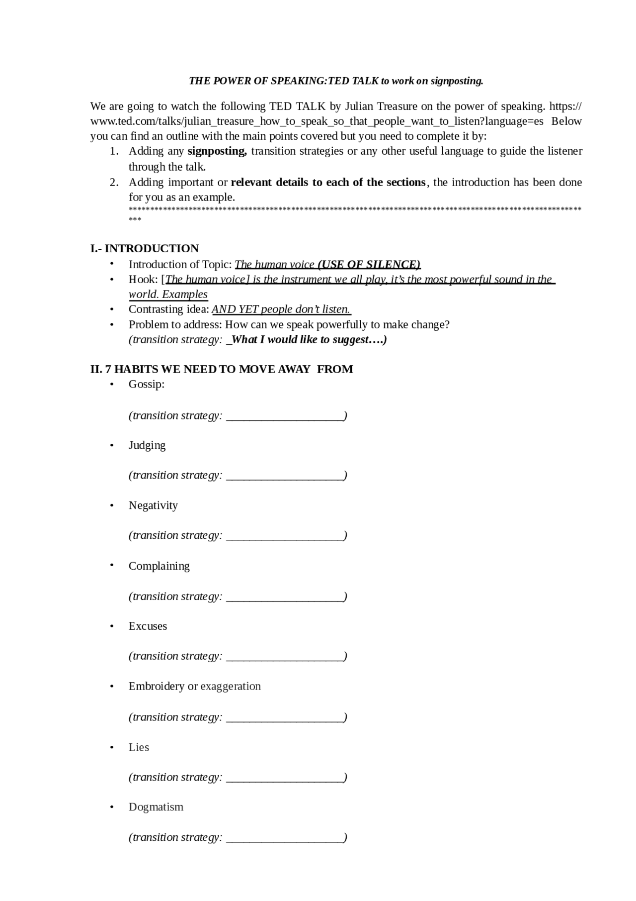 Ted talk exercise about the power of speaking - Docsity