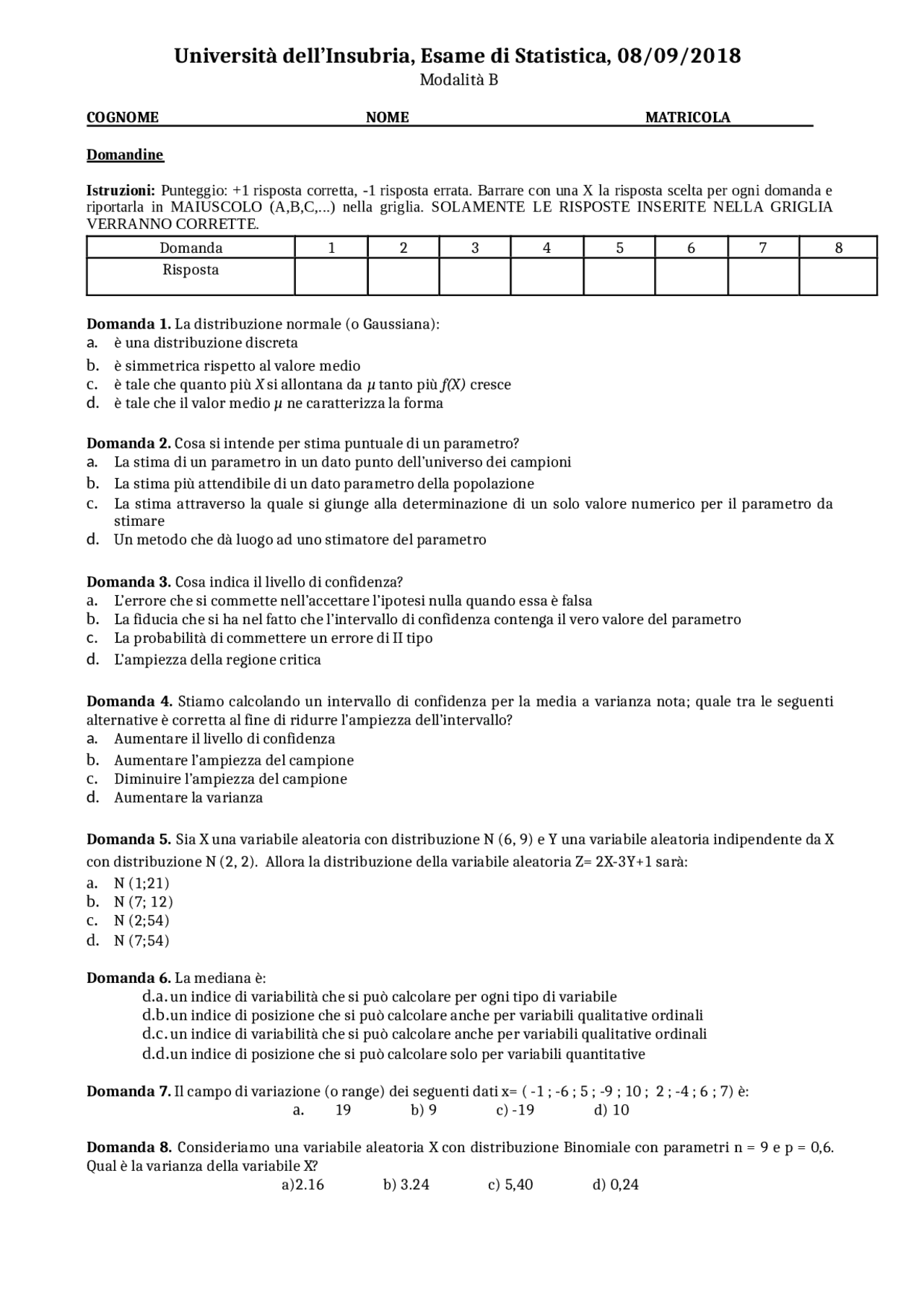 Temi d'esame statistica - Docsity