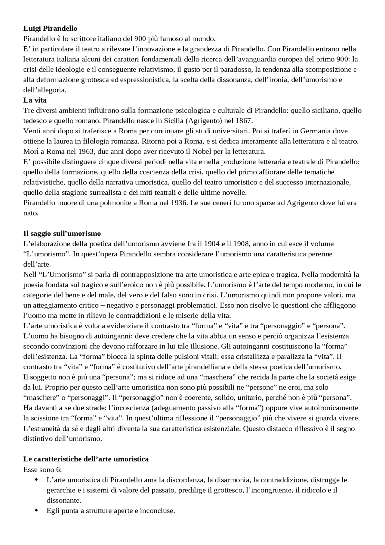 Luigi Pirandello Letteratura Programma Di Quinta Superiore Docsity