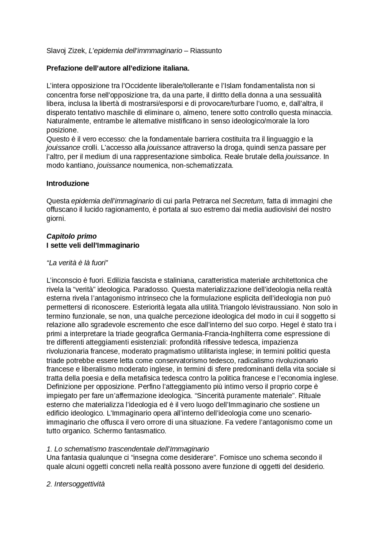 Slavoj Zizek Lepidemia Dellimmaginario Riassunto Docsity