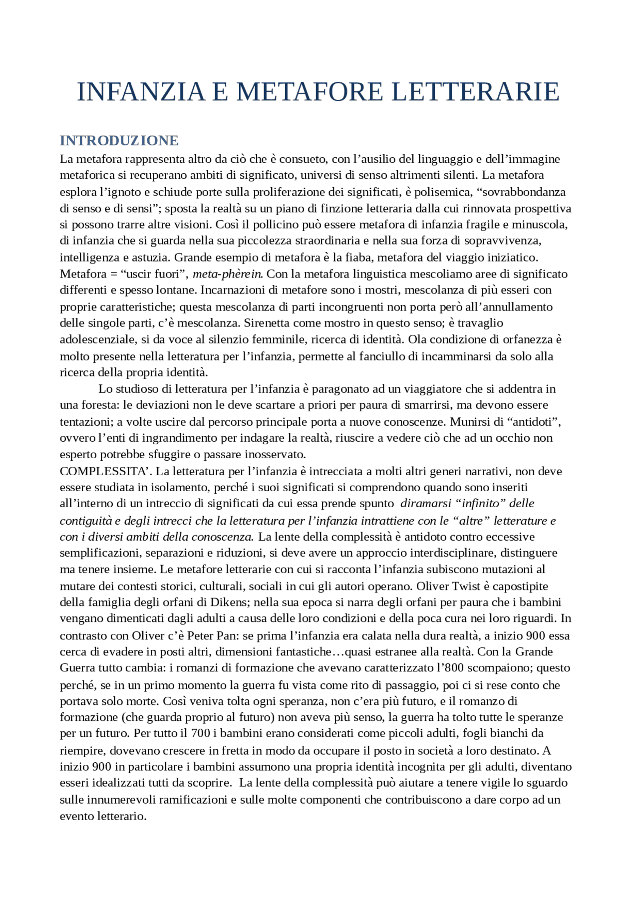 Infanzia E Metafore Letterarie Docsity
