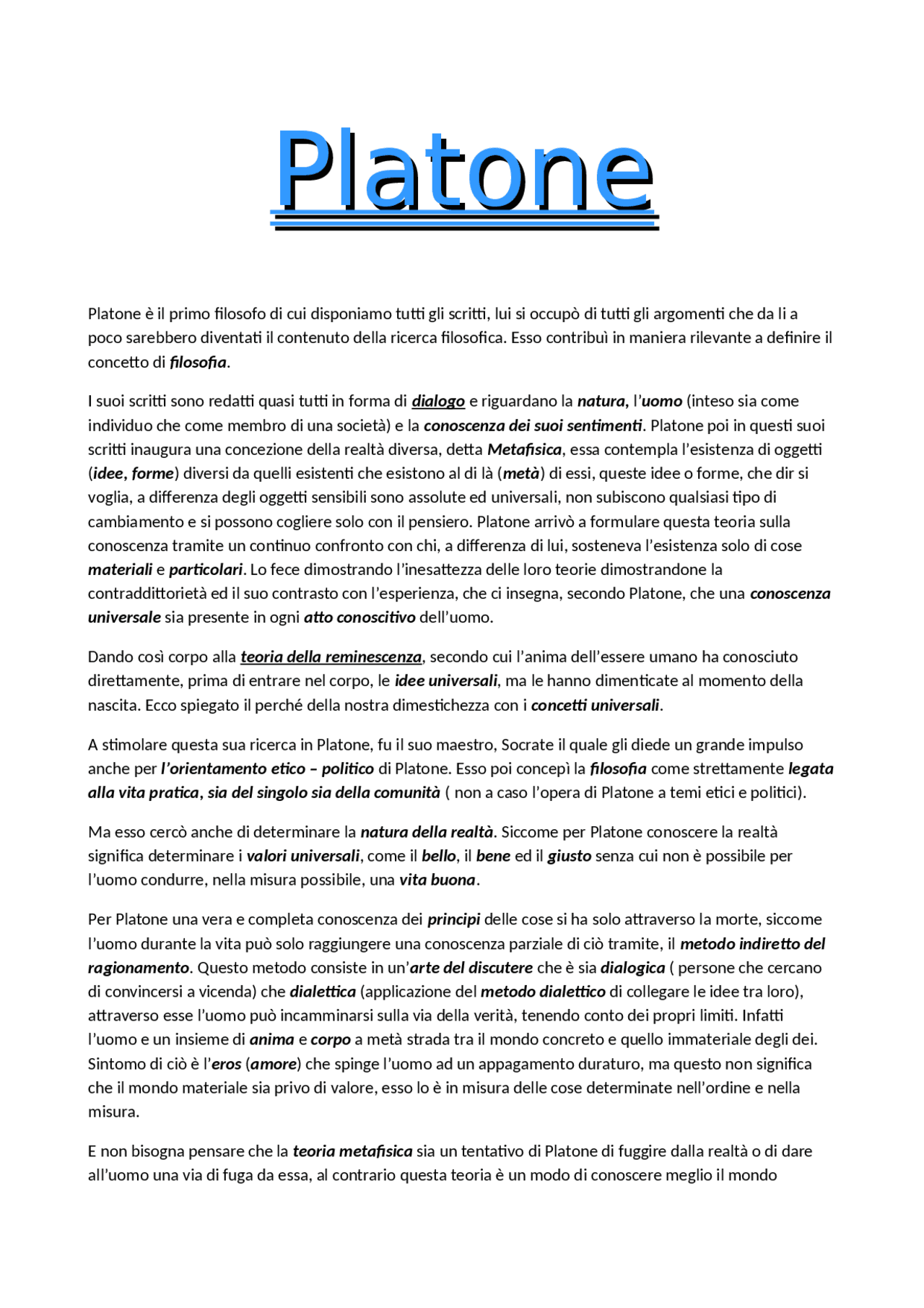 Platone, la vita, le opere e la filosofia - Docsity