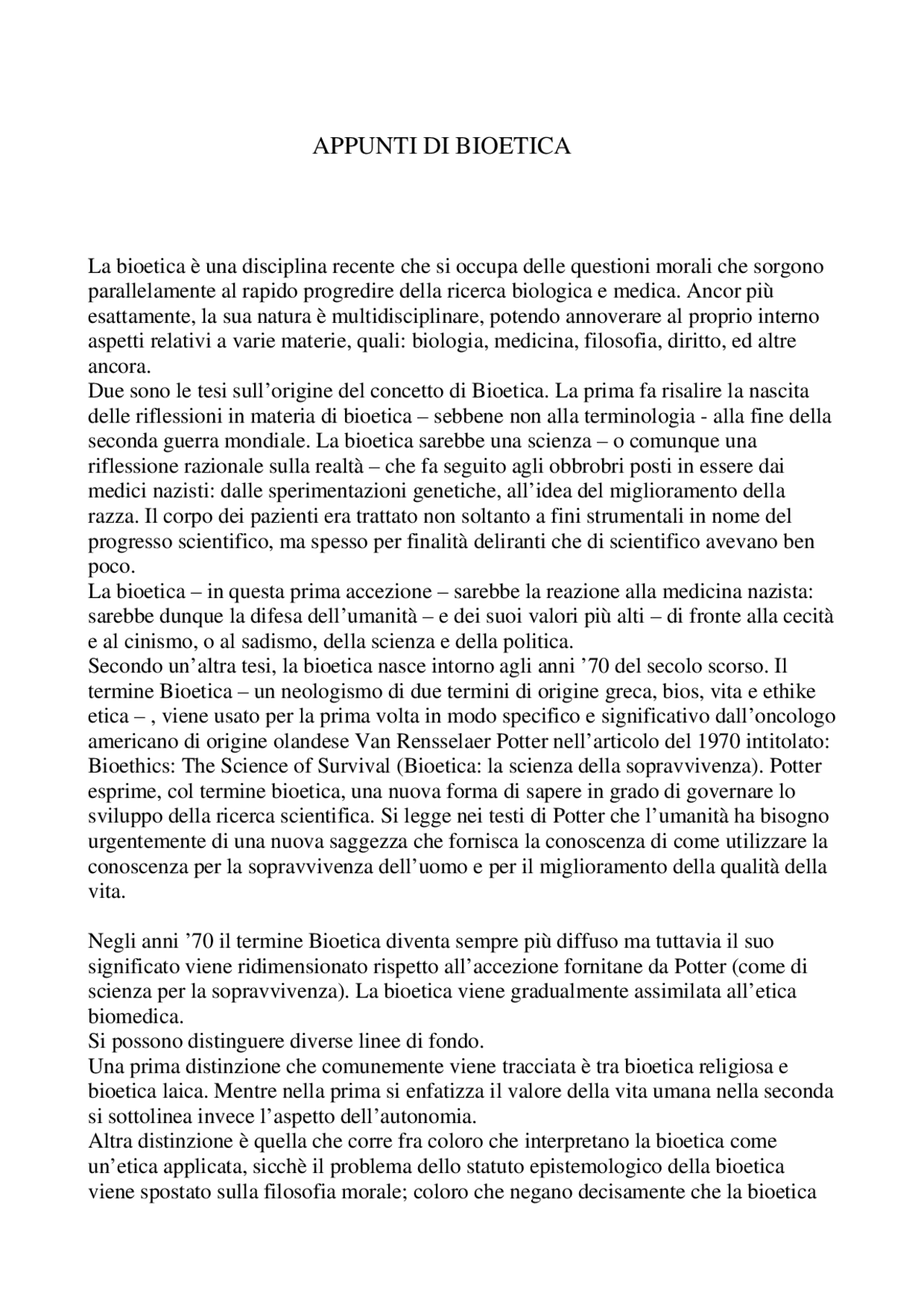 Appunti Di Bioetica Parte Introduttiva Docsity