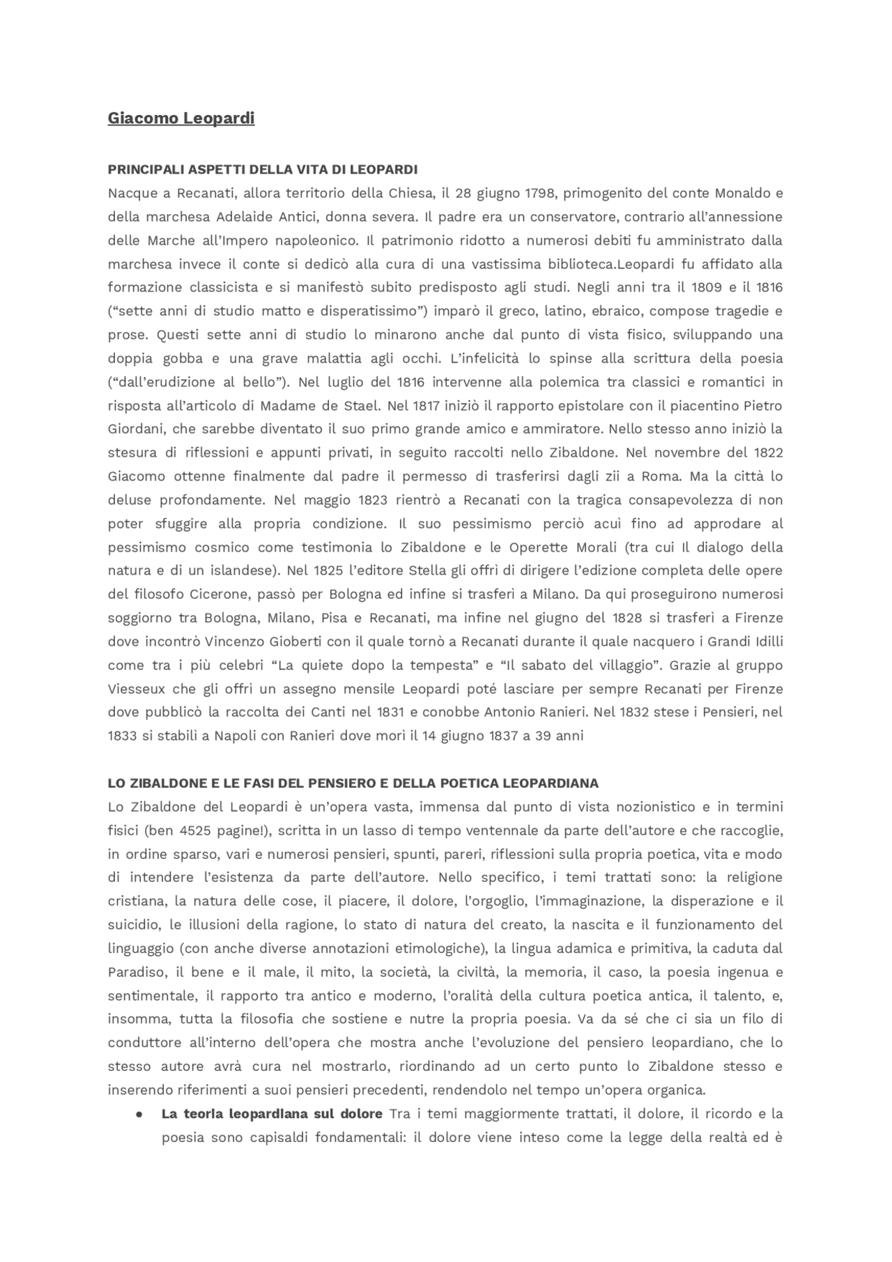 Sintesi Su Giacomo Leopardi Docsity