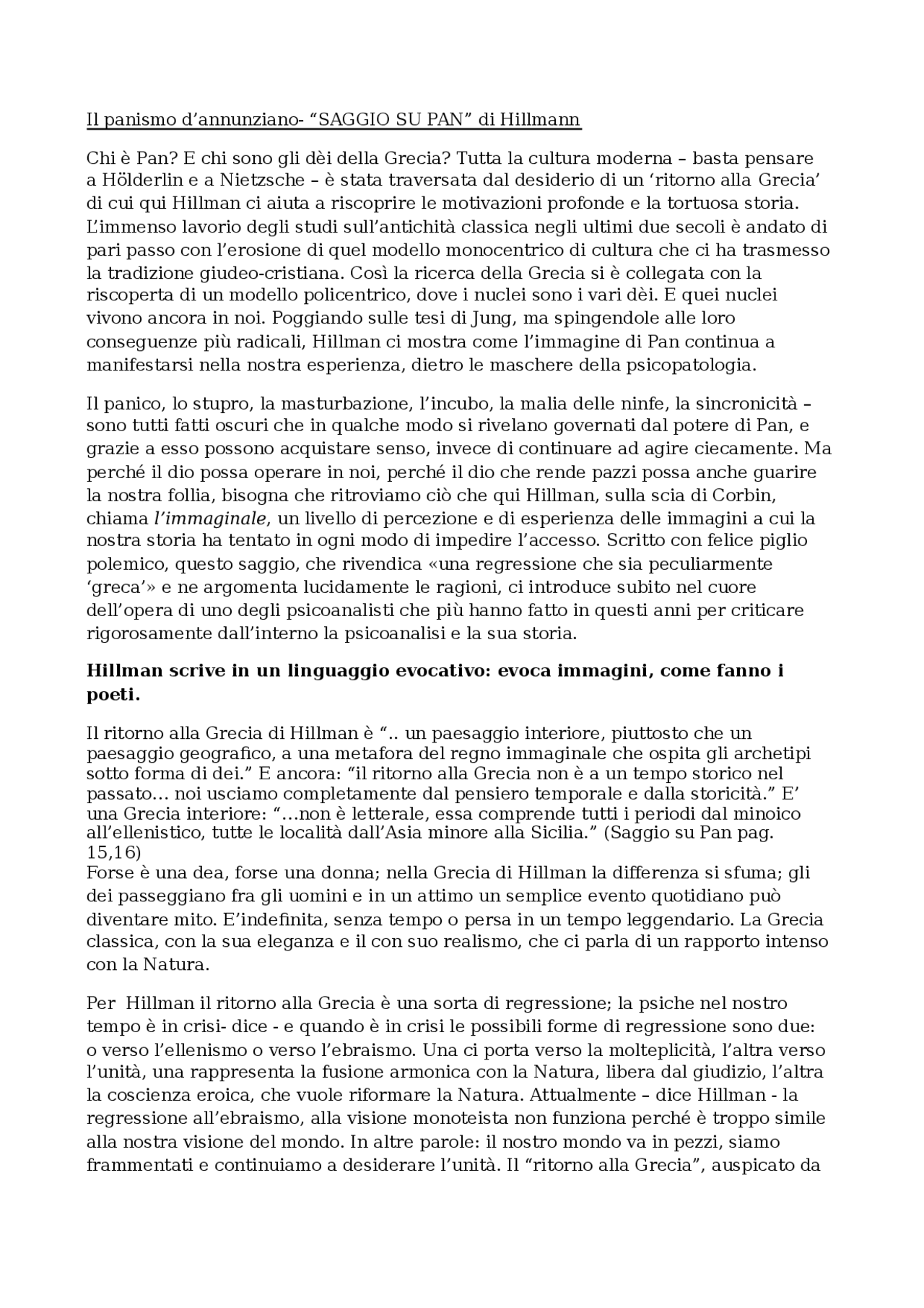 Saggio sul panismo - Hillmann - Docsity