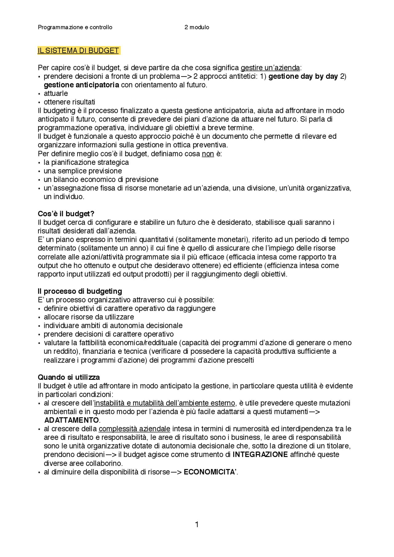Dispensa programmazione e controllo 2 modulo prof Passetti - Docsity