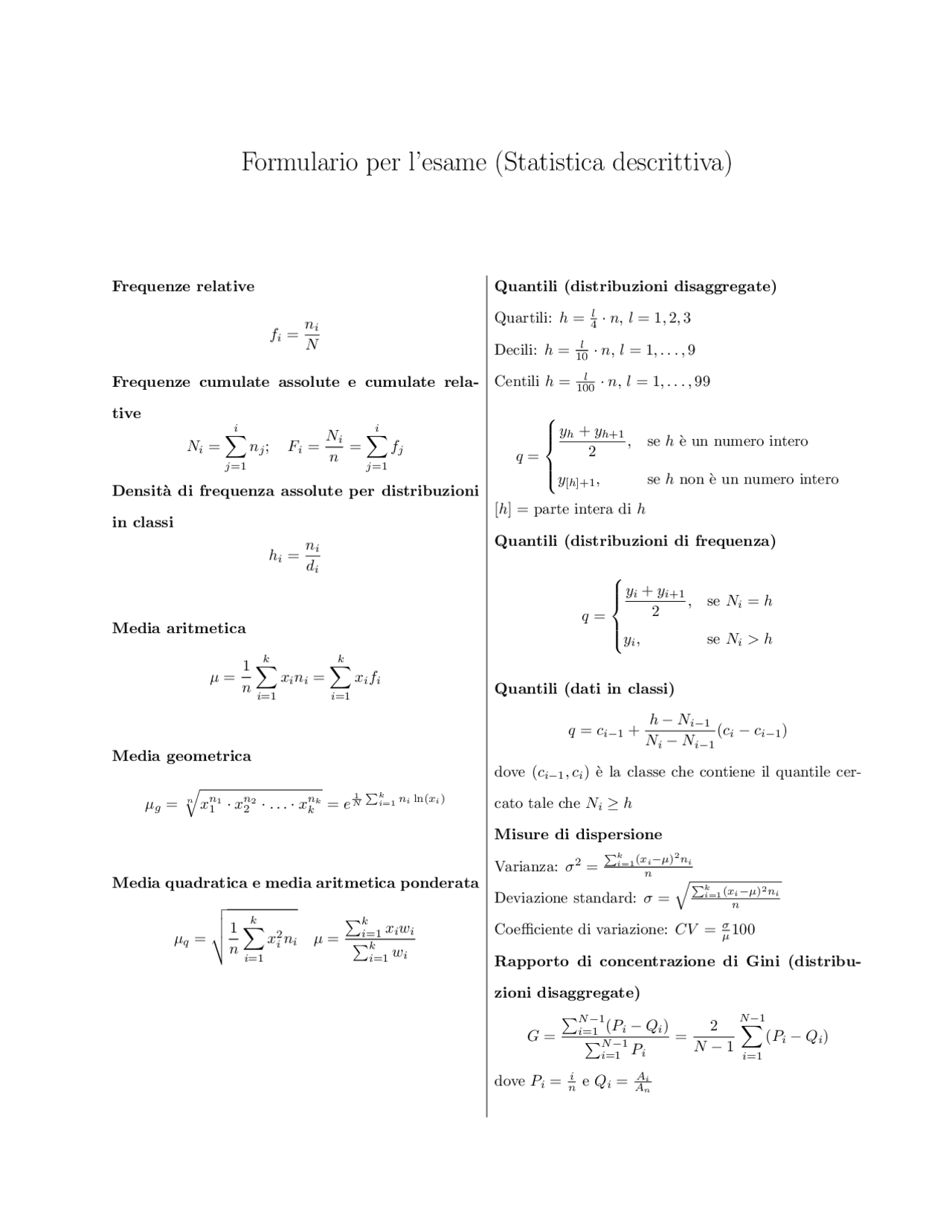 Formulario Per Esame Di Statistica Descrittiva Formulari Di