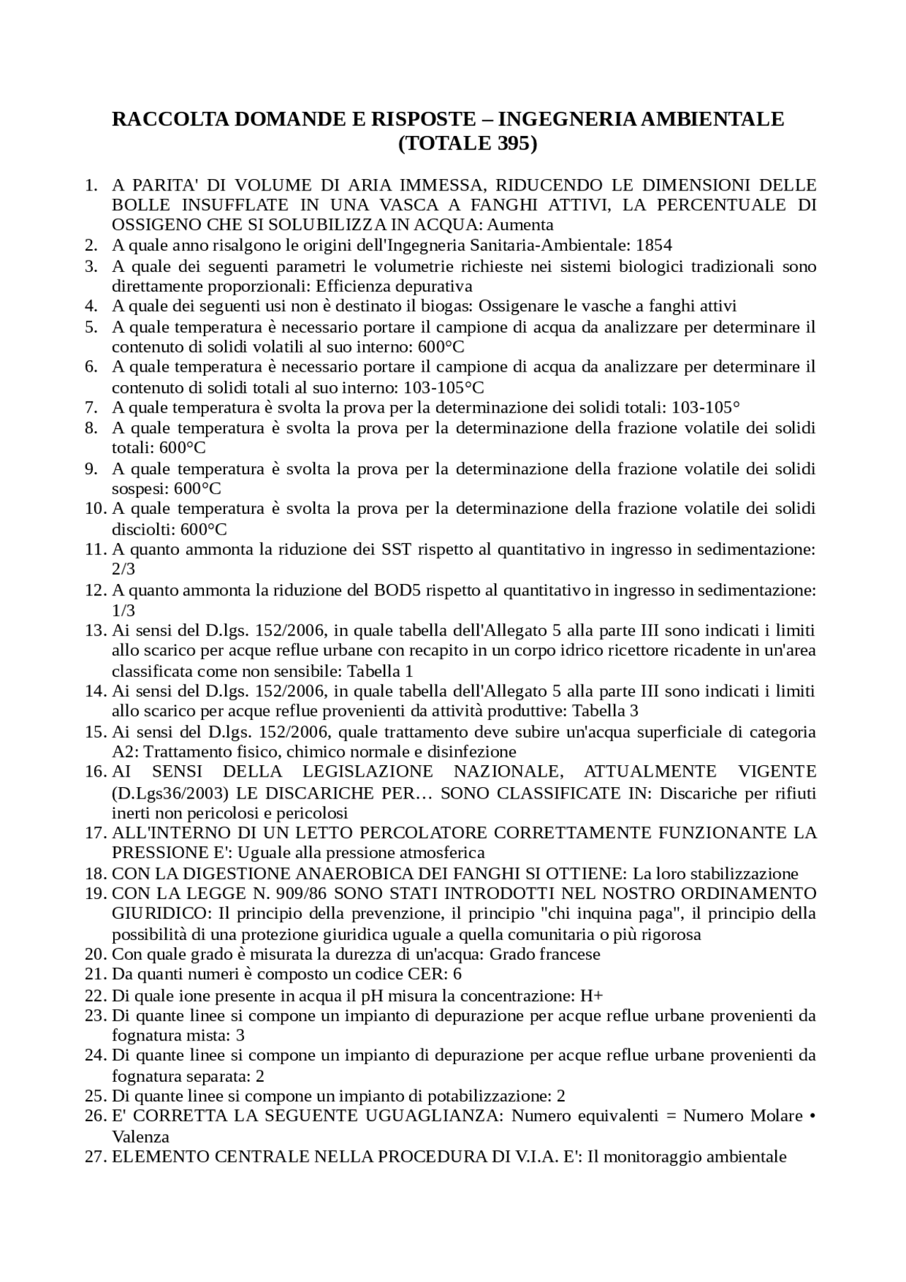 Raccolta Domande Ingegneria Ambientale Docsity