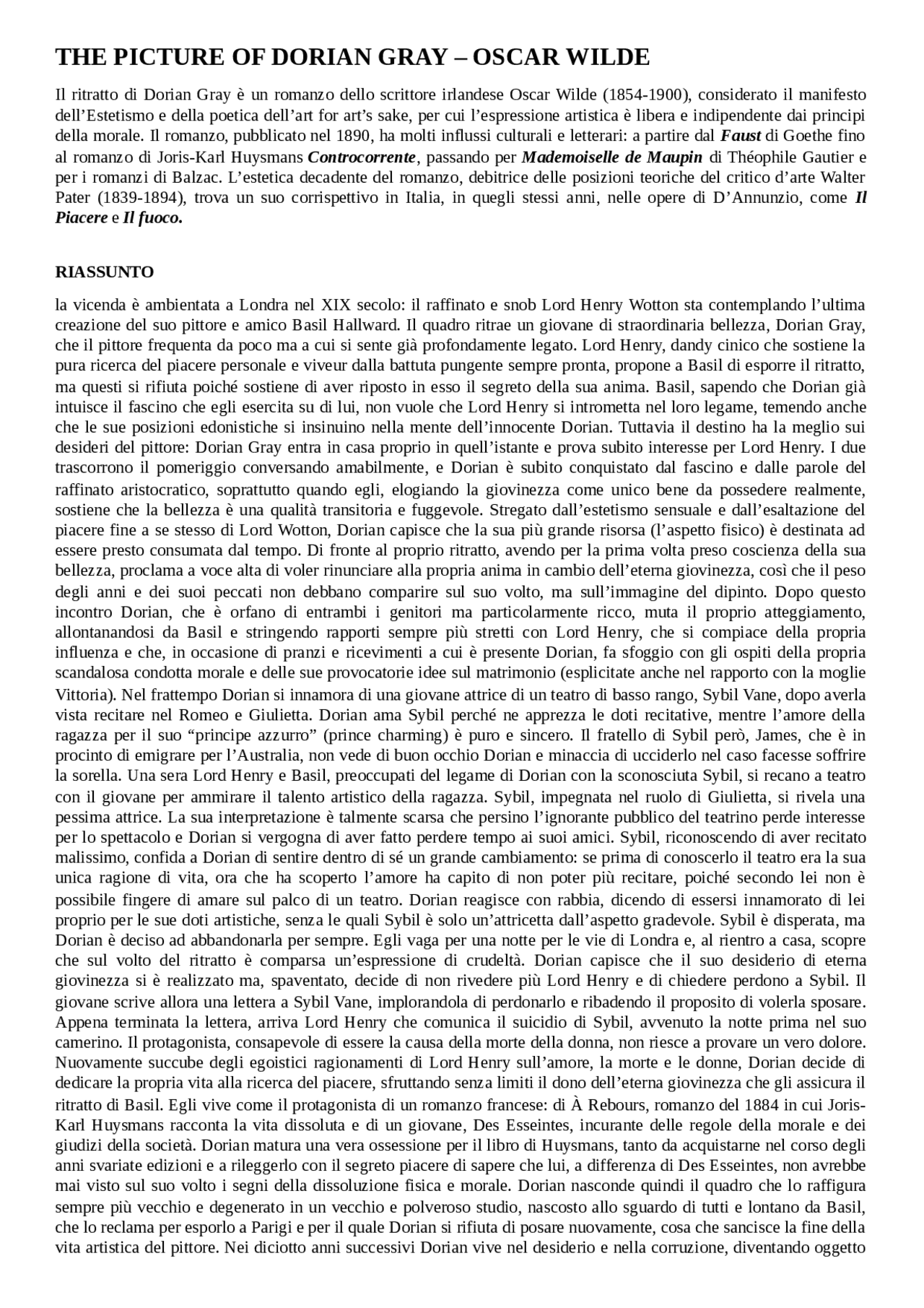 Riassunto Libro The Picture Of Dorian Gray Di Oscar Wilde Docsity
