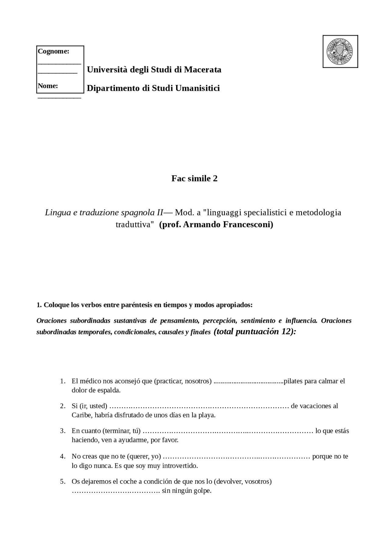 Ejercicios De Lengua Docsity