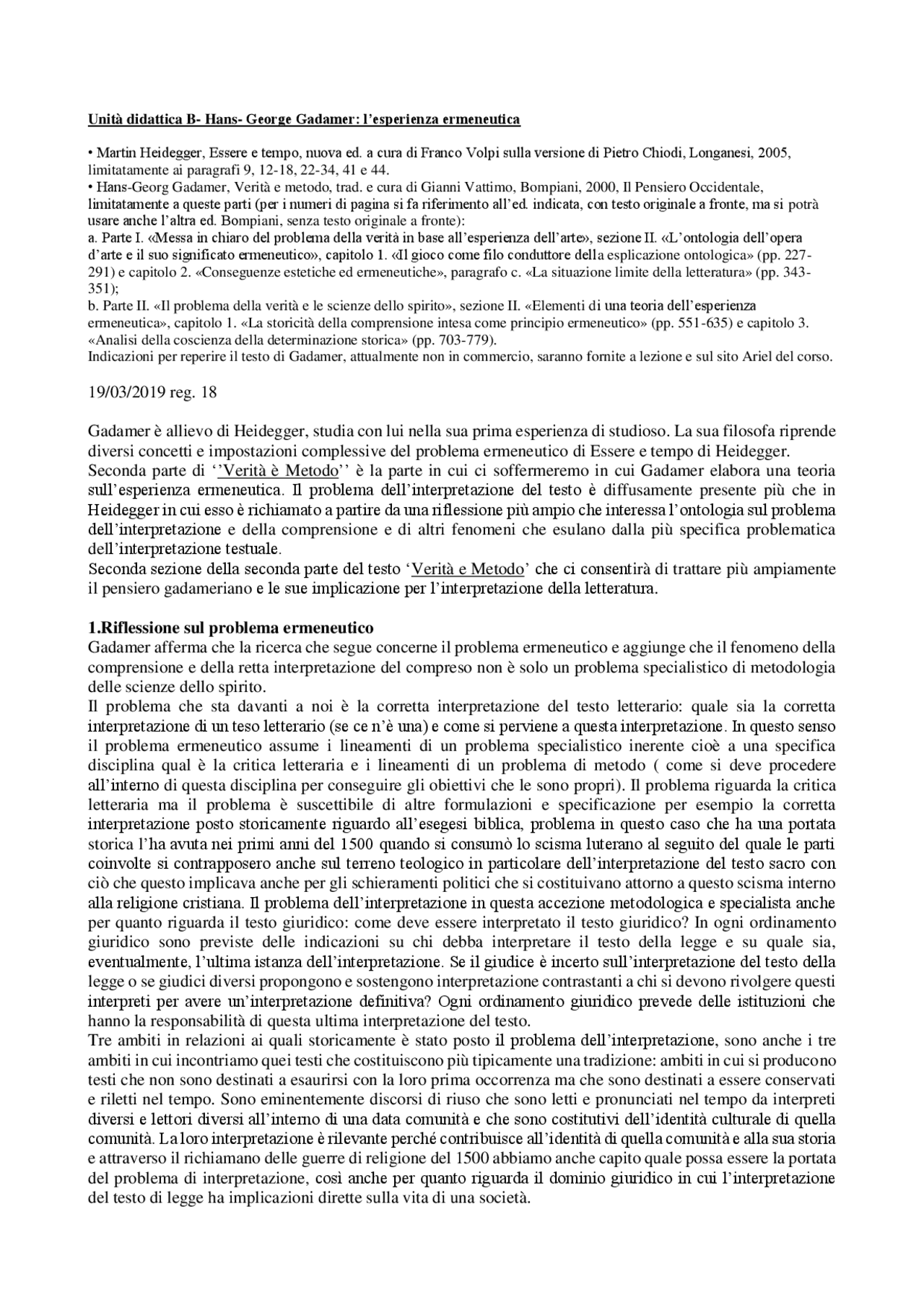 Gadamer Verità E Metodo Docsity