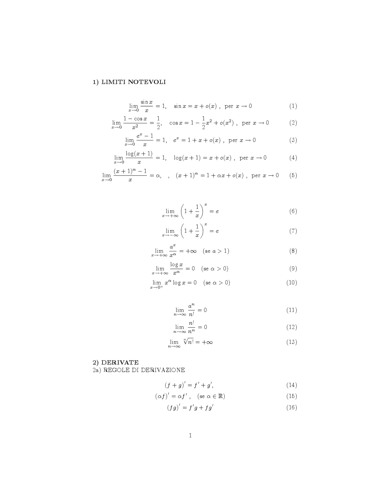 Formulario sulle Limiti, Derivate, Integrali, equazioni differenziali | Formulari di Analisi ...