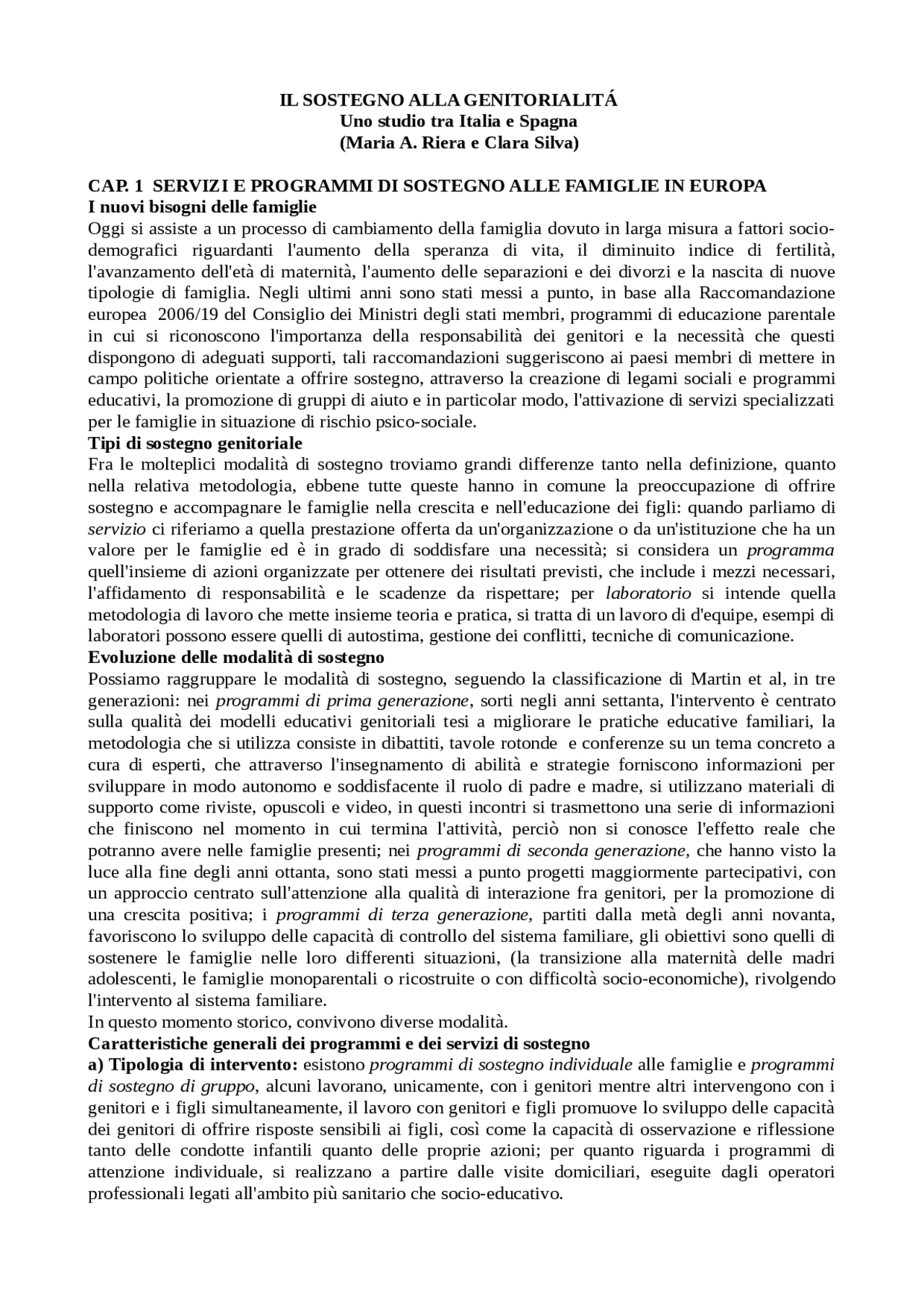 Il Sostegno Alla Genitorialità Appunti Di Pedagogia Docsity