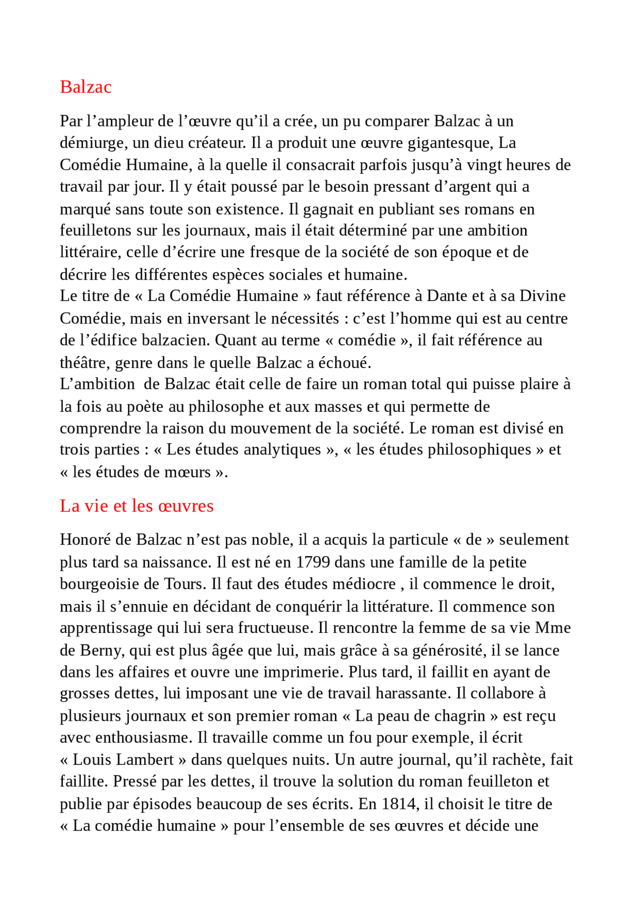 Riassunto Balzac E Stendhal In Francese Docsity