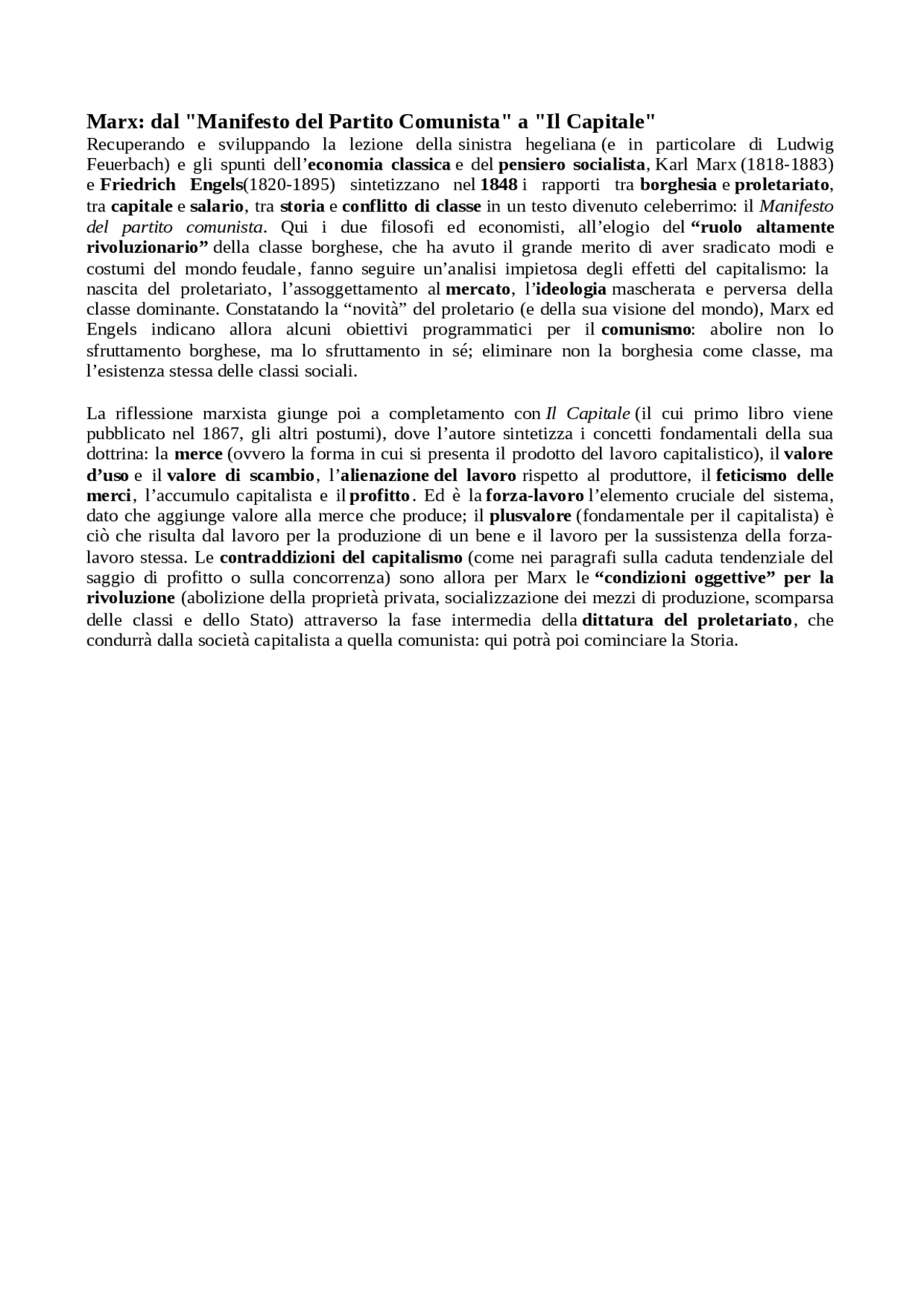 Karl Marx Sintesi Docsity