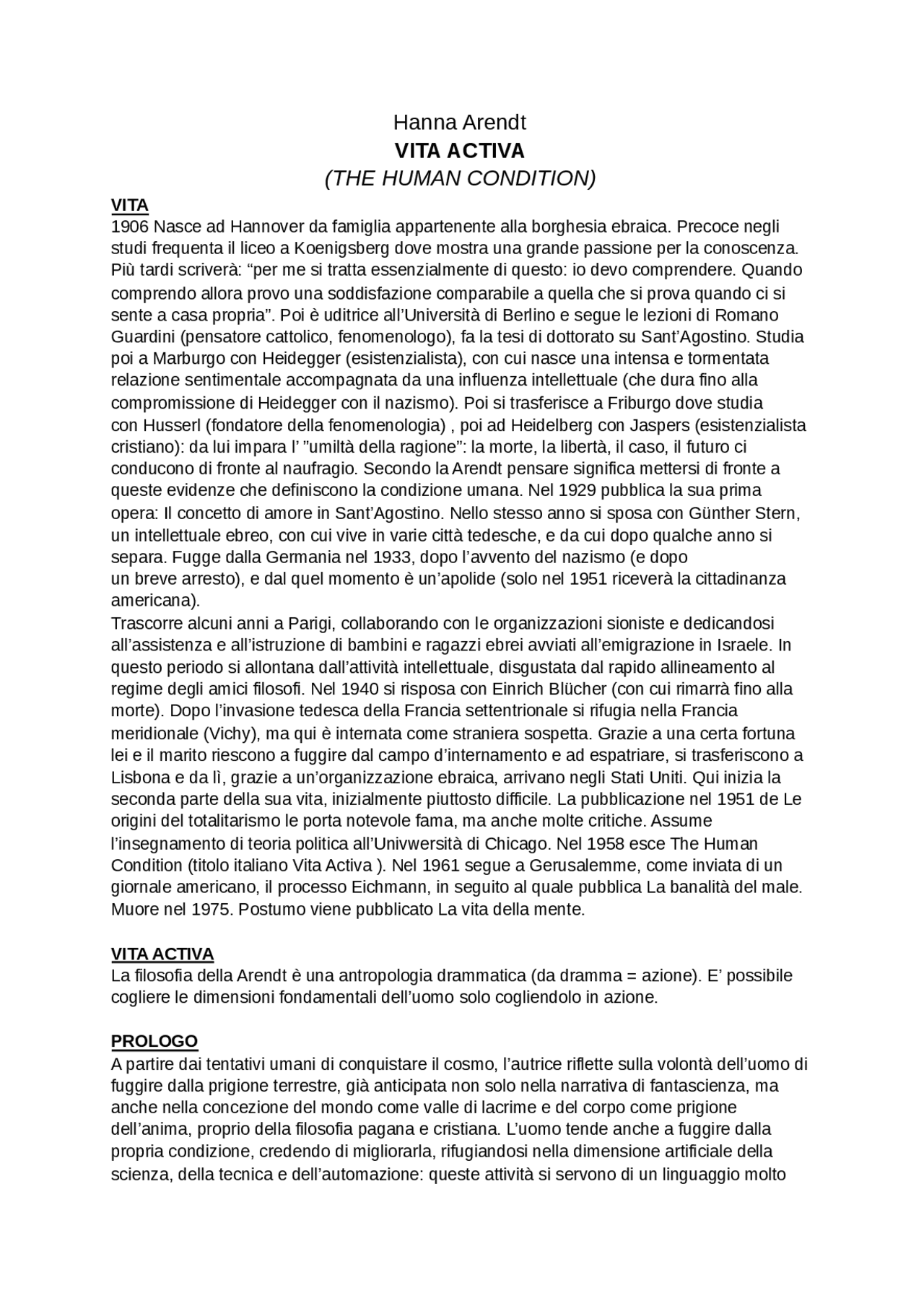 Vita Activa Hanna Arendt Docsity