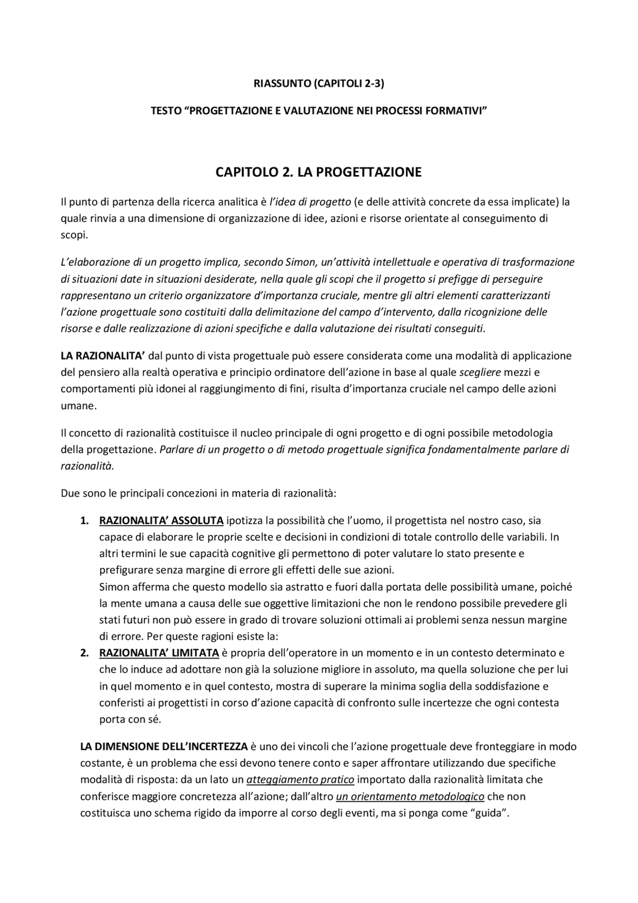 Riassunto Capitoli 2 3 Testo Progettazione E Valutazione Nei