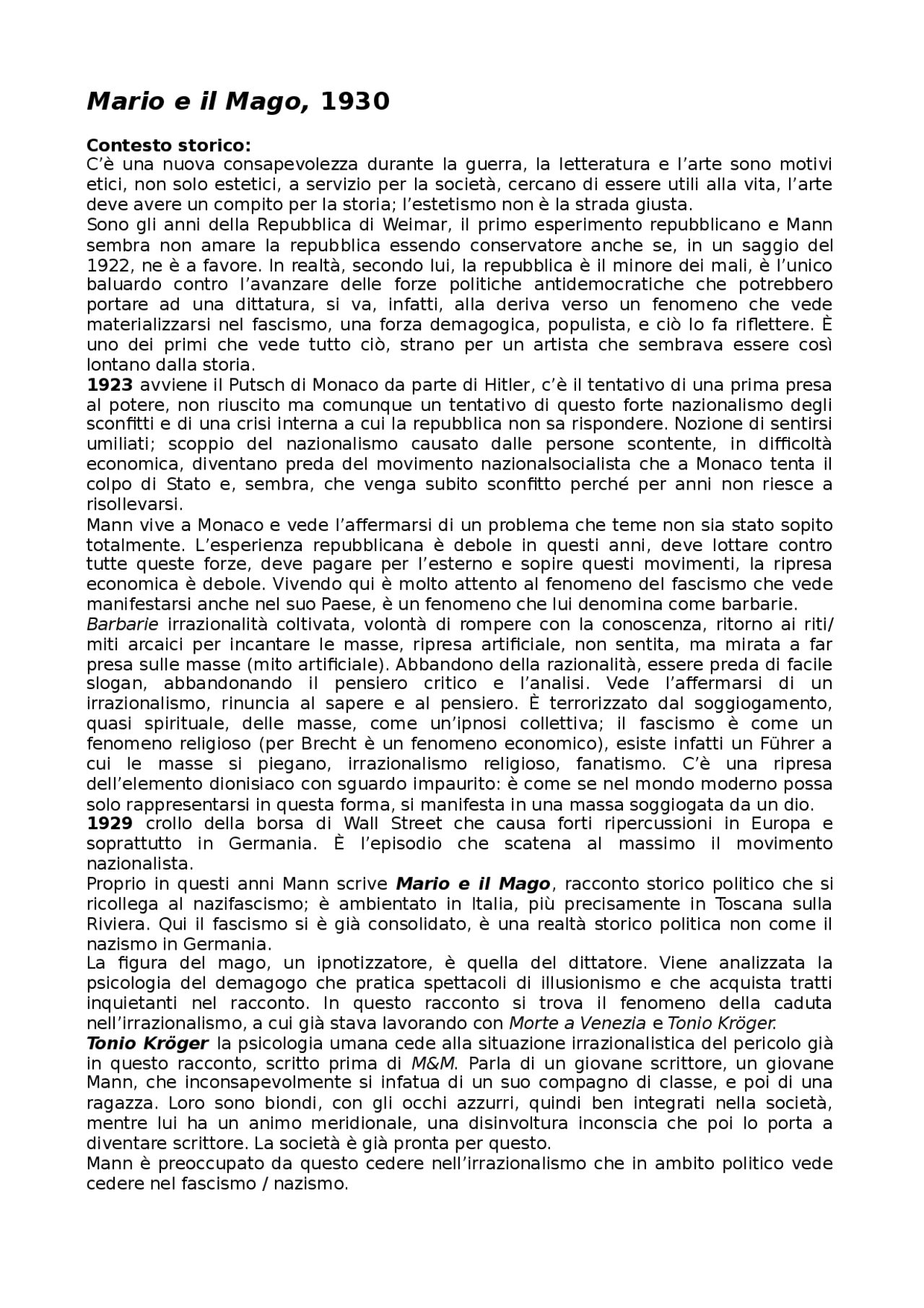 Thomas Mann - Mario e il Mago - Docsity