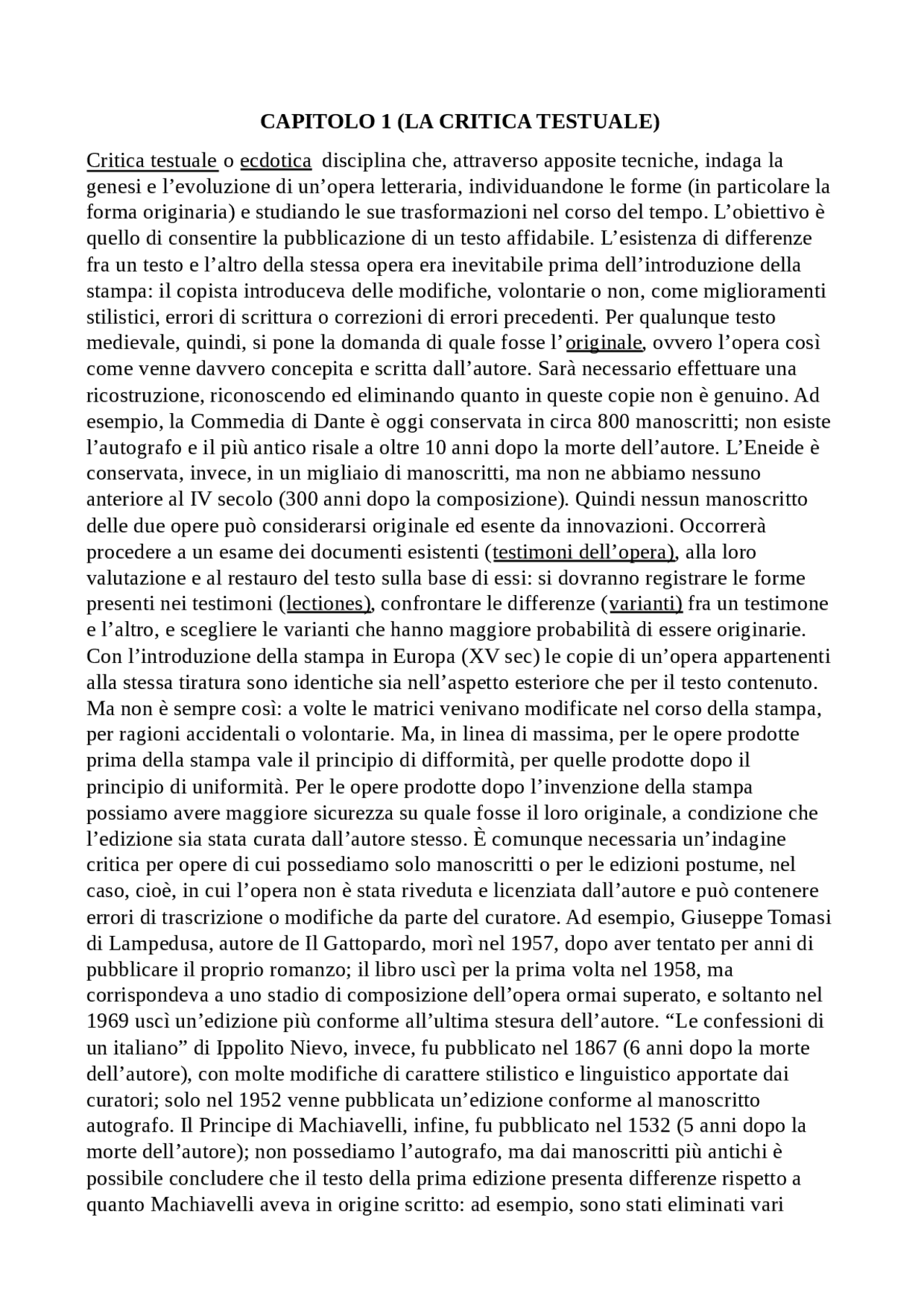 Riassunto Elementi Di Critica Testuale Docsity