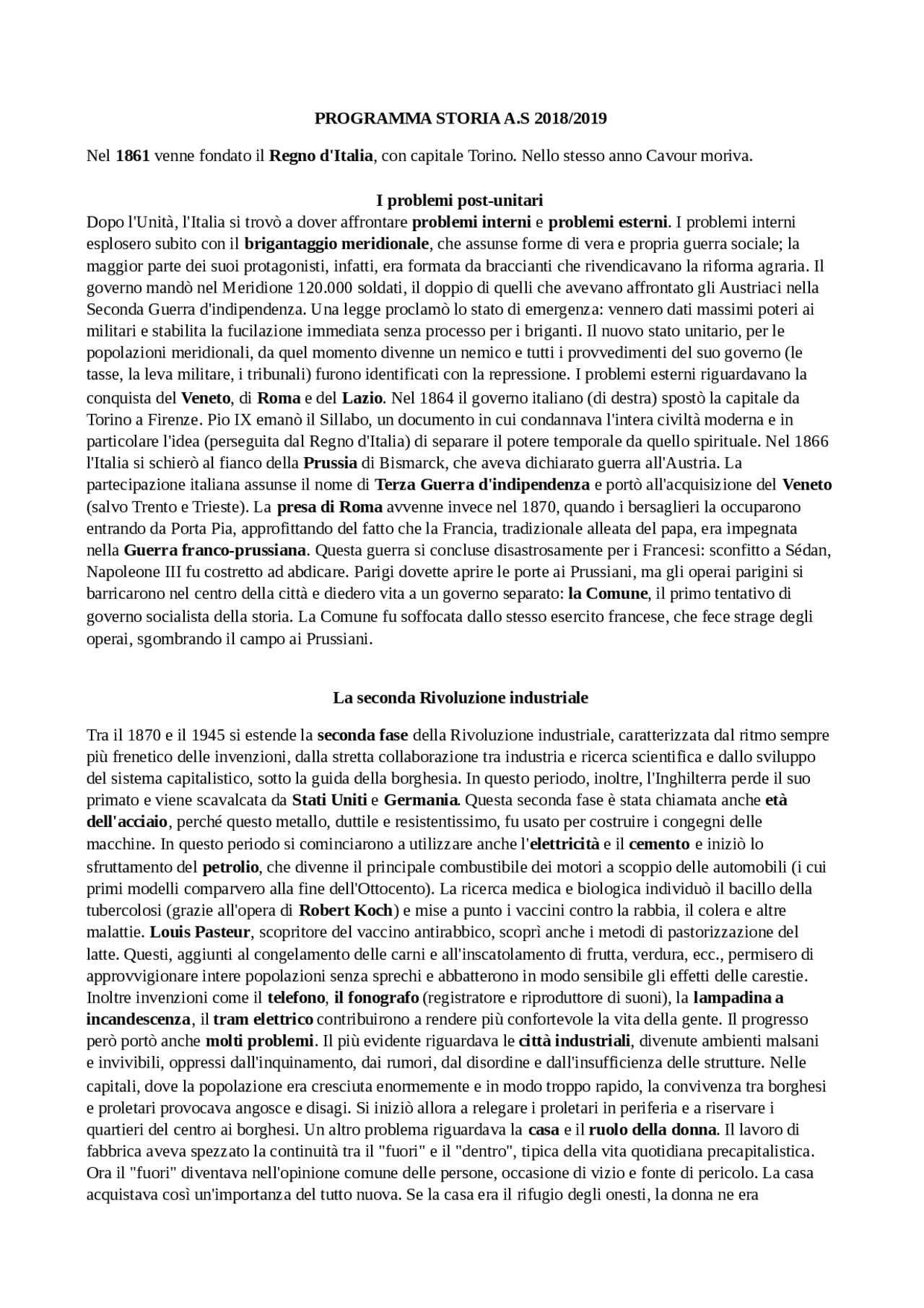 Programma Storia Per La Maturità Docsity