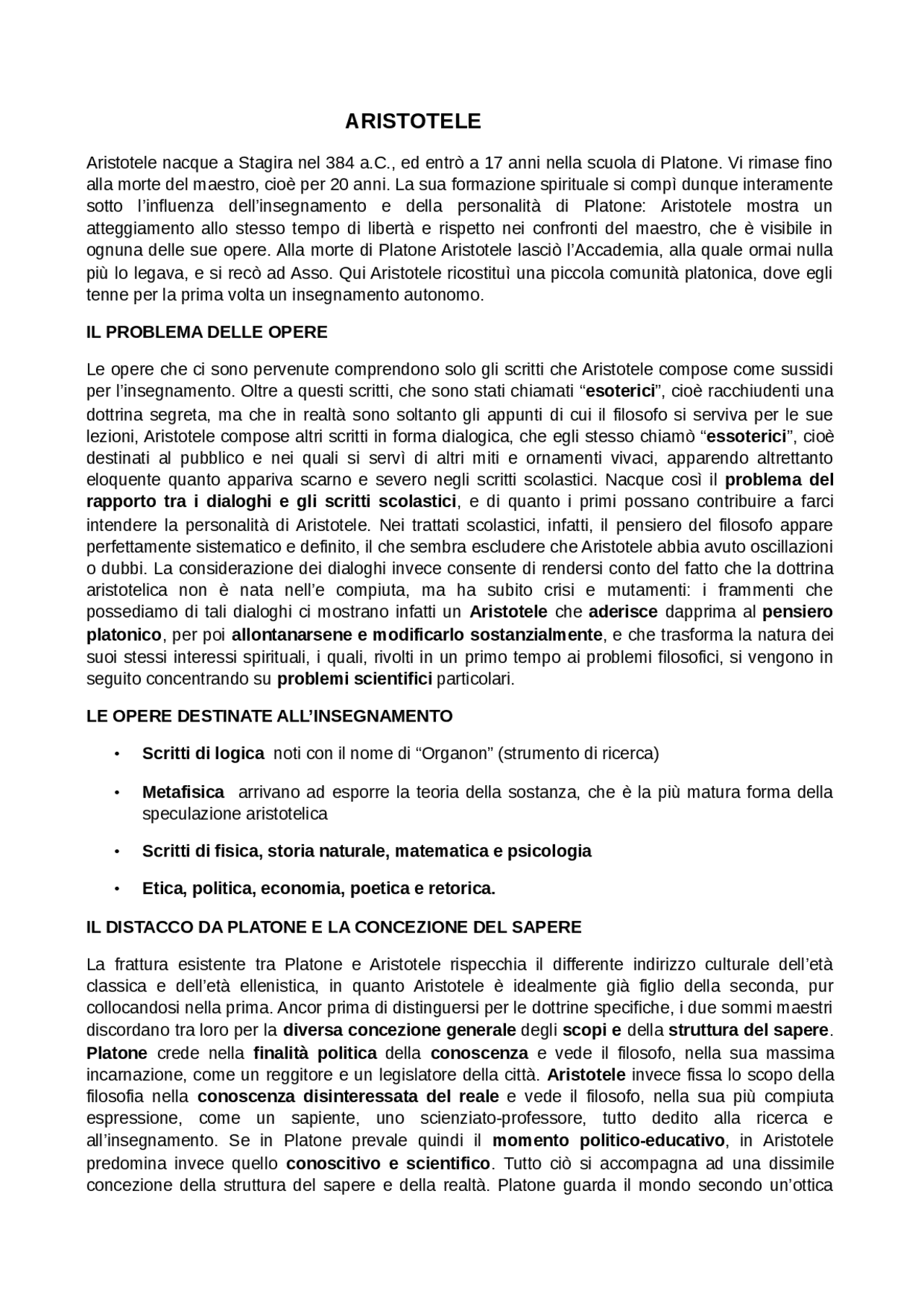 Riassunto Sul Pensiero Di Aristotele Docsity
